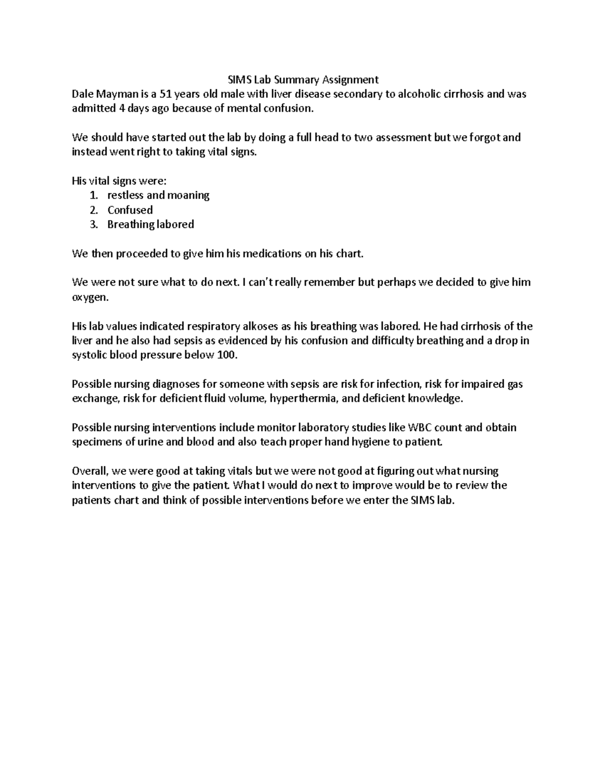 Elder 1st Mental Health SIMS lab summary - SIMS Lab Summary Assignment ...