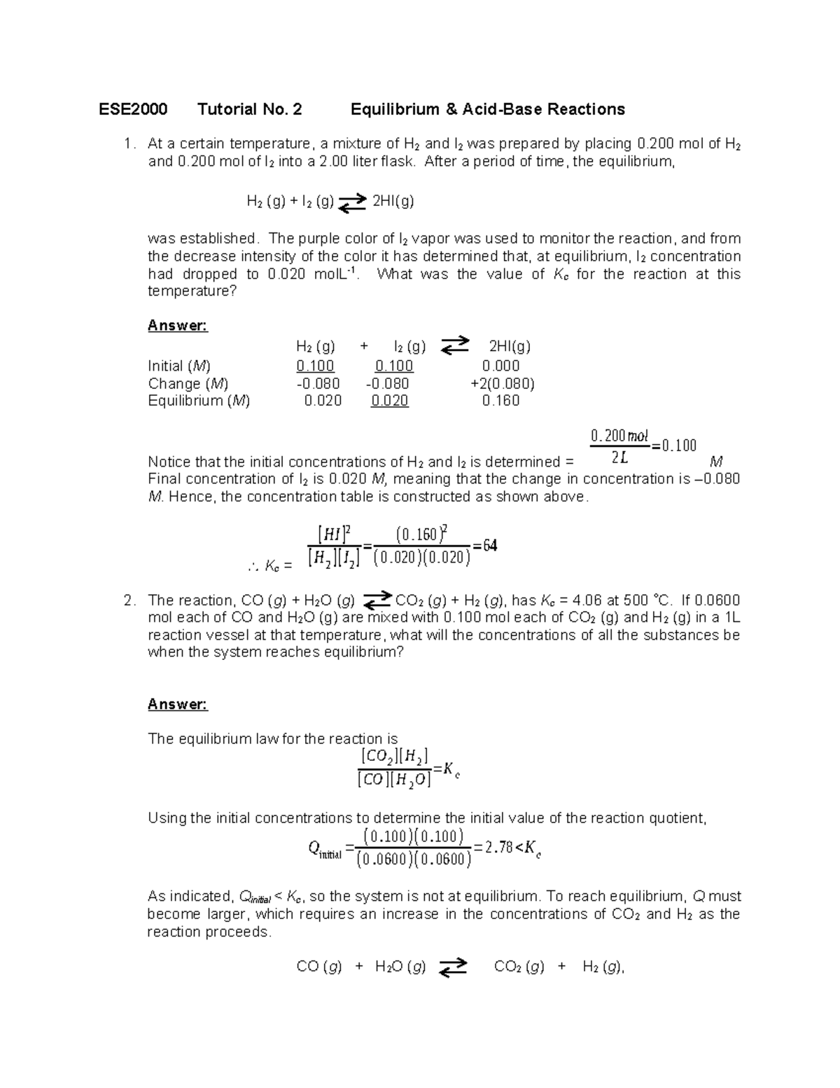 Tutorial No 2 Equilibrium & Acid Base (Solutions) - ESE2000 Tutorial No. 2 Equilibrium & - Studocu
