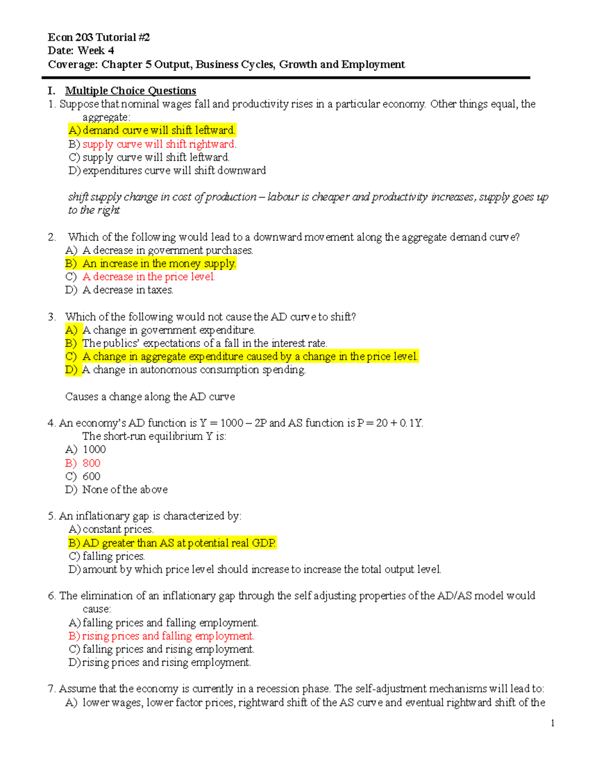 203-tutorial-2 - answers and questions - Econ 203 Tutorial #2 Date: Week 4 Coverage: Chapter 5 ...