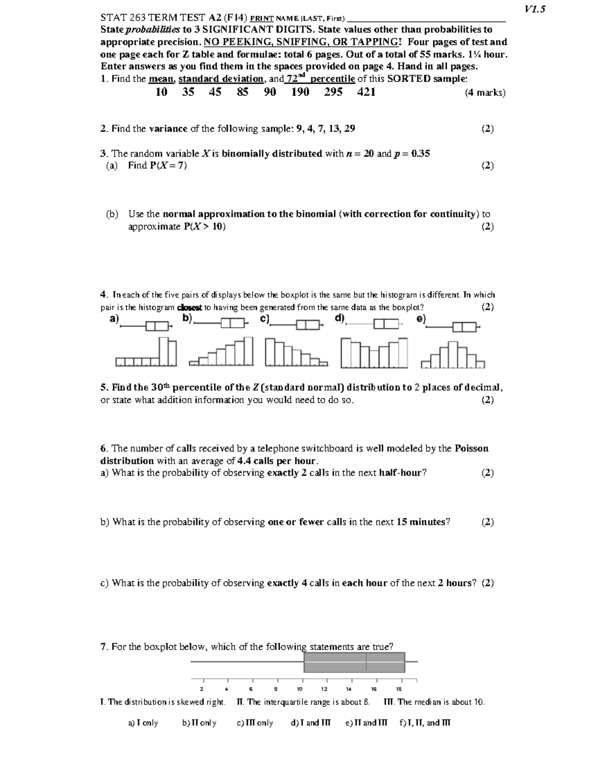 14 F Termtest - Class Notes of Grade 20 Biology - STAT 263 TERM TEST A2 ...