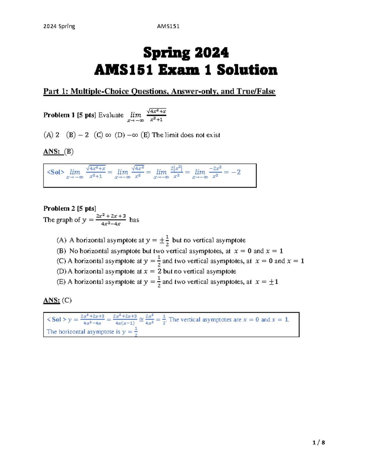Exam1 AMS151-S24-Solution - Spring 2024 AMS1 51 Exam 1 Solution Part 1 ...