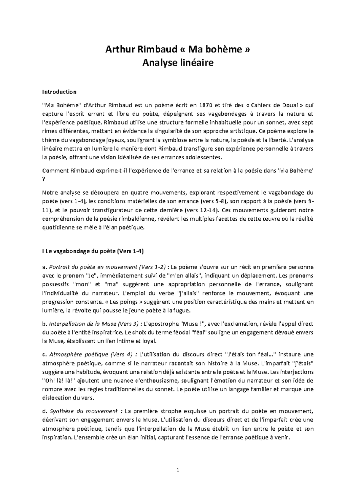 690545504 Ma boheme analyse lineaire - 1 Arthur Rimbaud « Ma bohème » Analyse linéaire ...