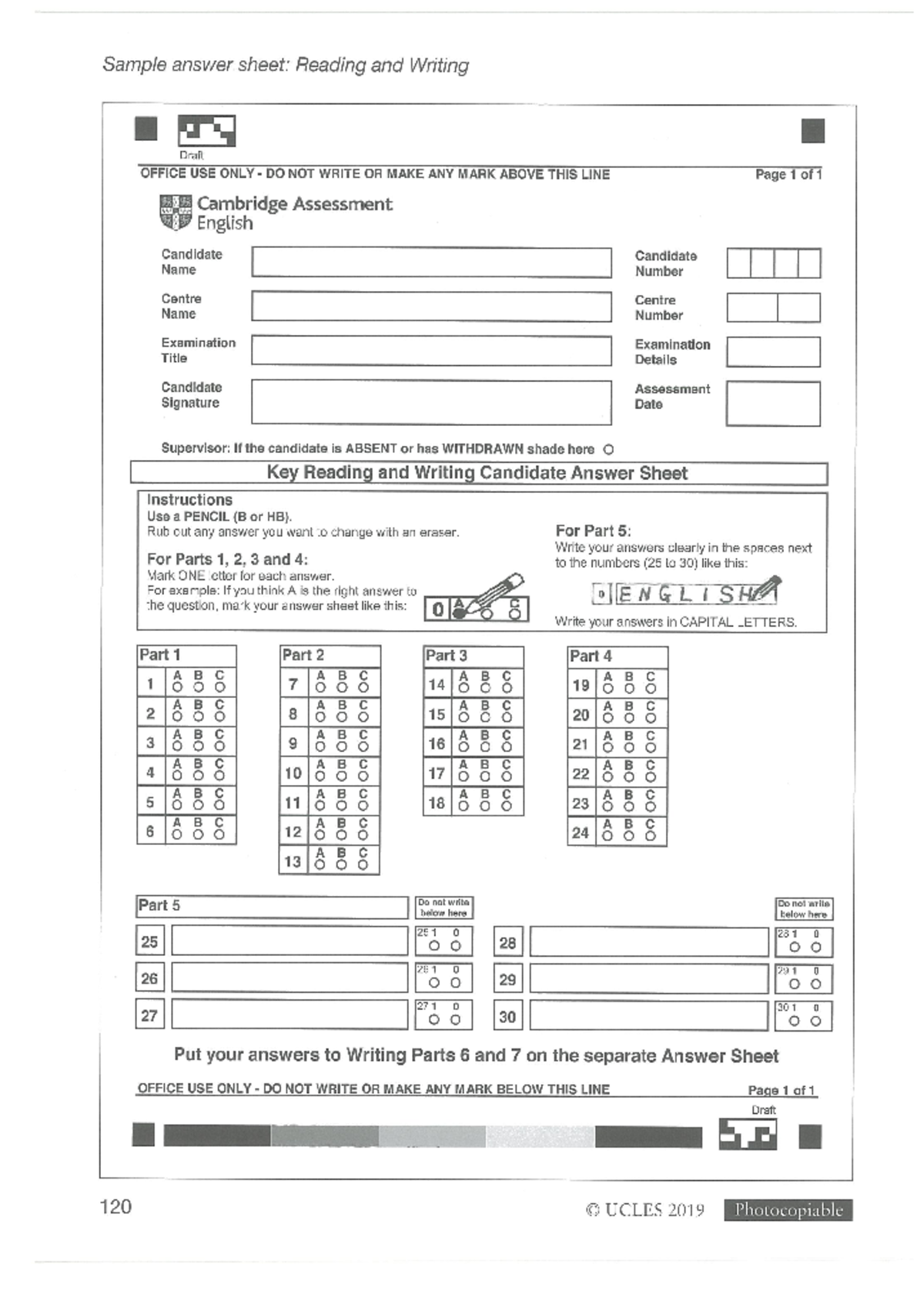 A2 key 1 student s book with answers - Sample answer sheet: Reading and ...