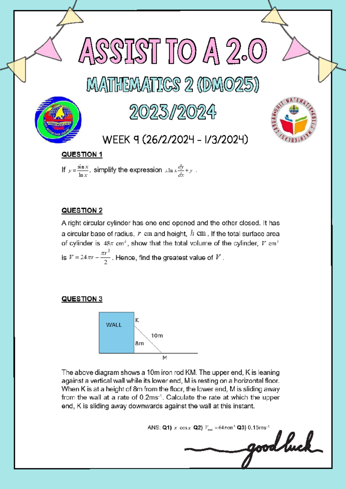 Ato A WEEK9 - Summary Matematik - ASSIST TO A 2 TO A 2. WEEK 9 (26/2 ...