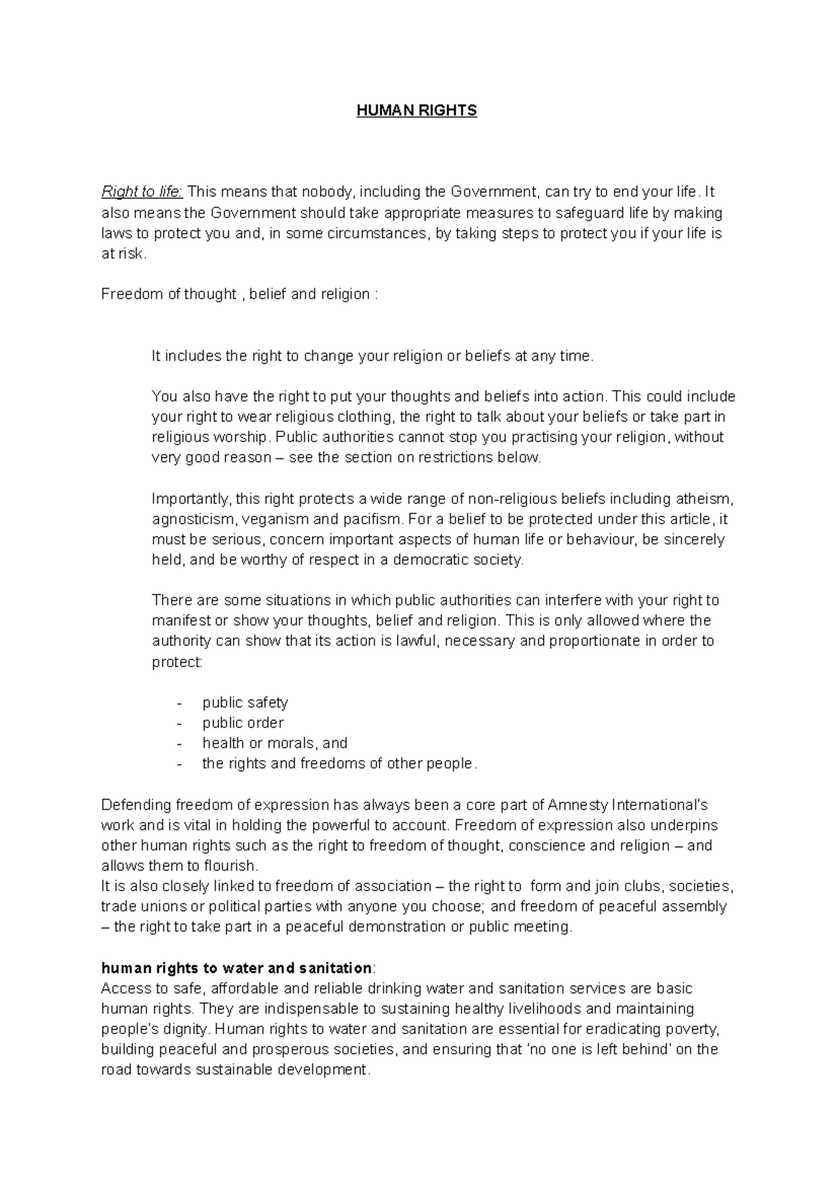 Human Rights - resumen - HUMAN RIGHTS Right to life: This means that ...