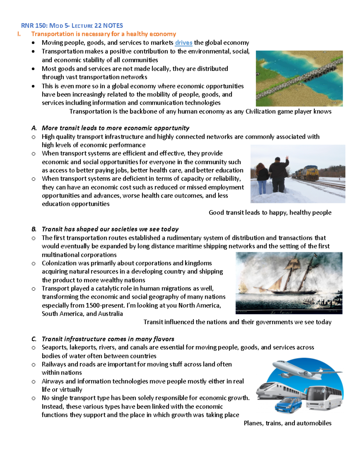 RNR 150- MOD 5- Lecture 22 Notes - I. Transportation is necessary for a ...