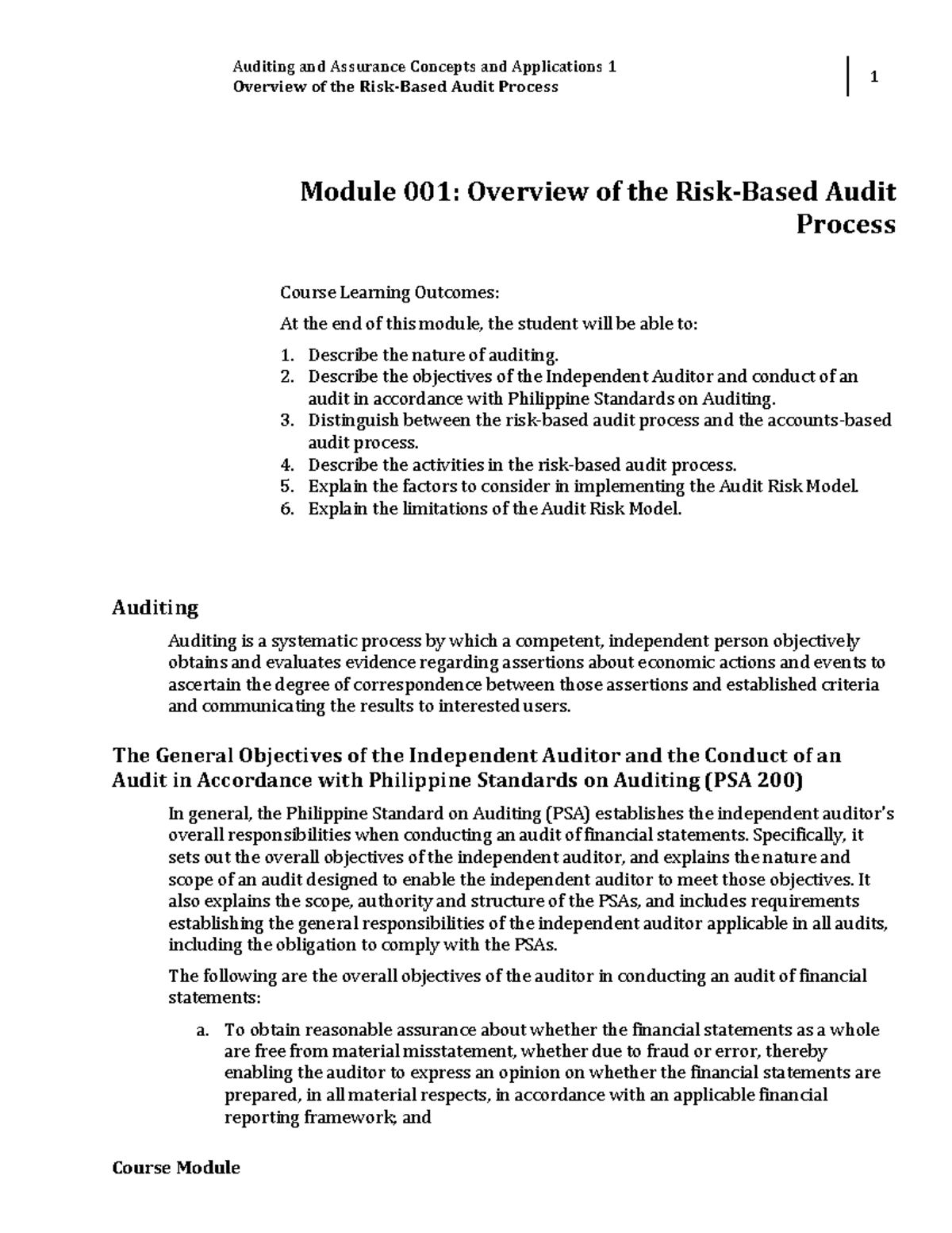 W1 Lesson 1 Overview of the Risk Based Audit Process 1 - Auditing and ...