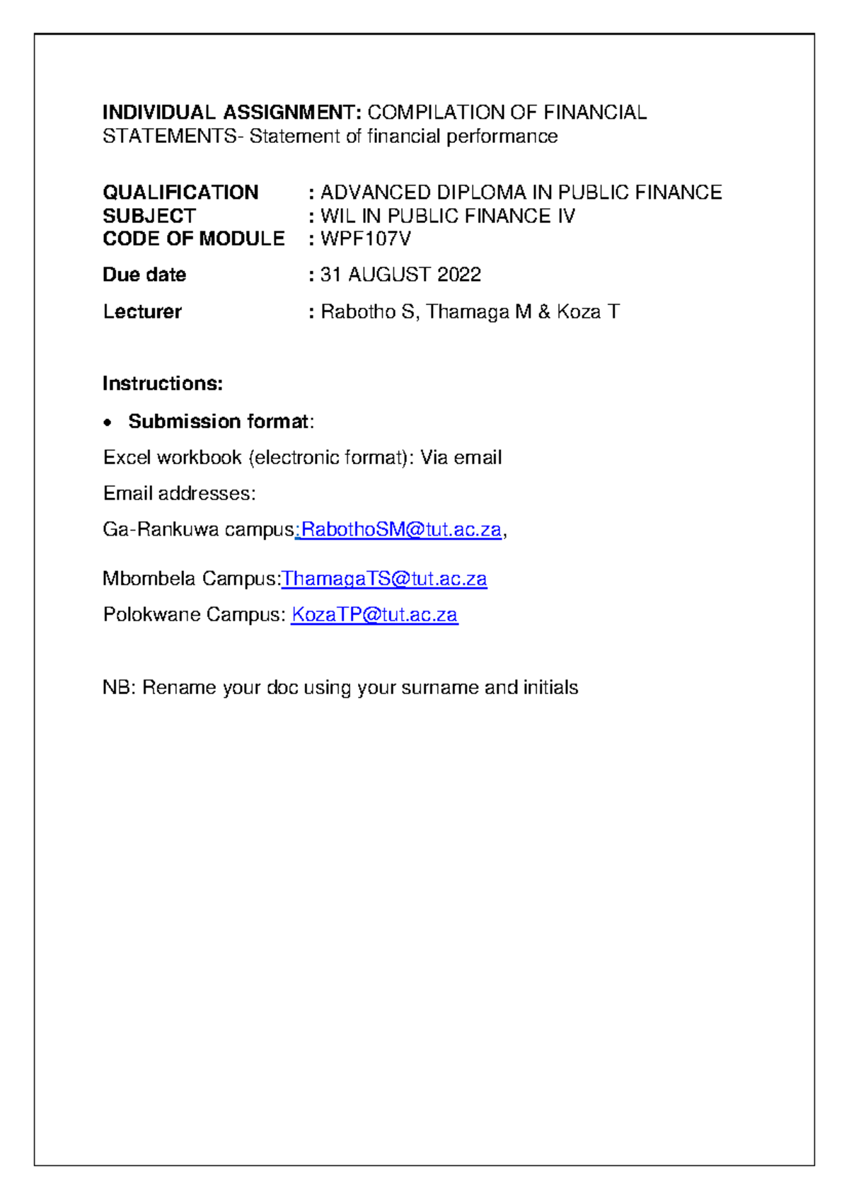 Assignment Financial Statements Financial Performance Final ...