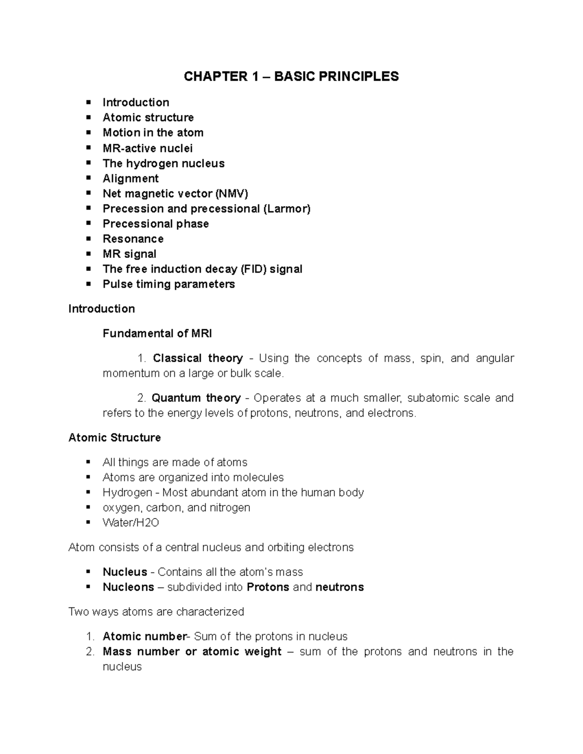 Chapter 1 3 MRI Midterm Coverage - CHAPTER 1 – BASIC PRINCIPLES Introduction Atomic structure ...