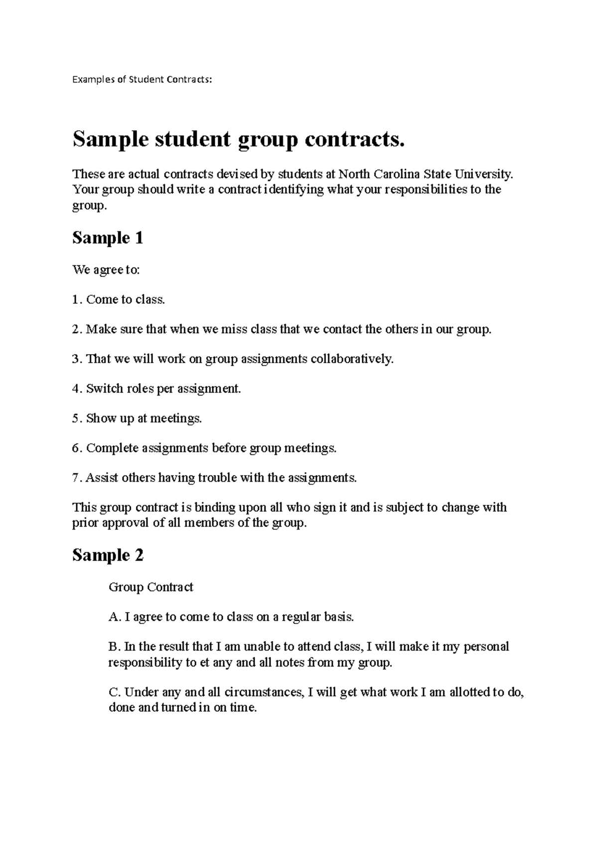 Examples of Student Contracts - Examples of Student Contracts: Sample ...