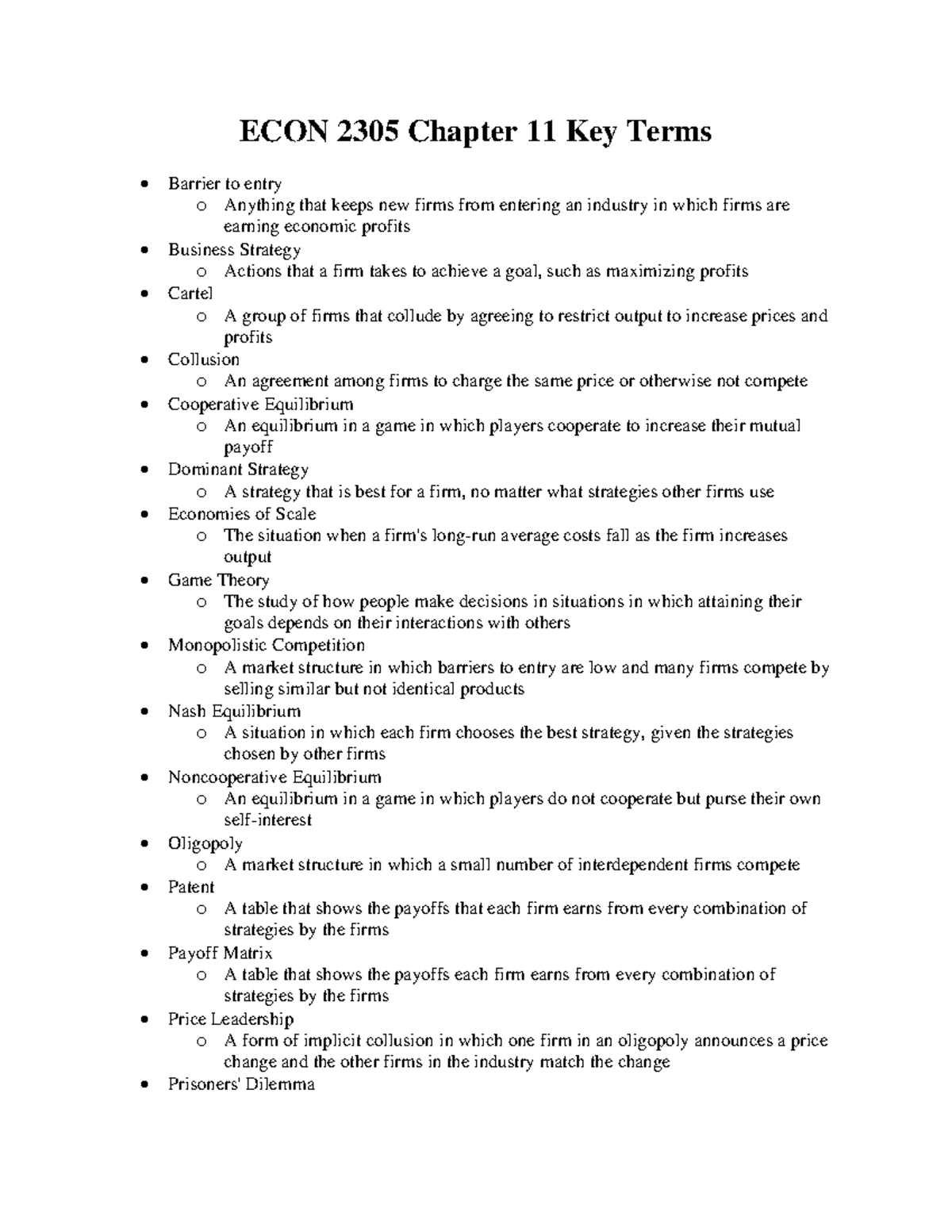 ECON 2305 Chapter 11 Key Terms - ECON 2305 Chapter 11 Key Terms Barrier ...