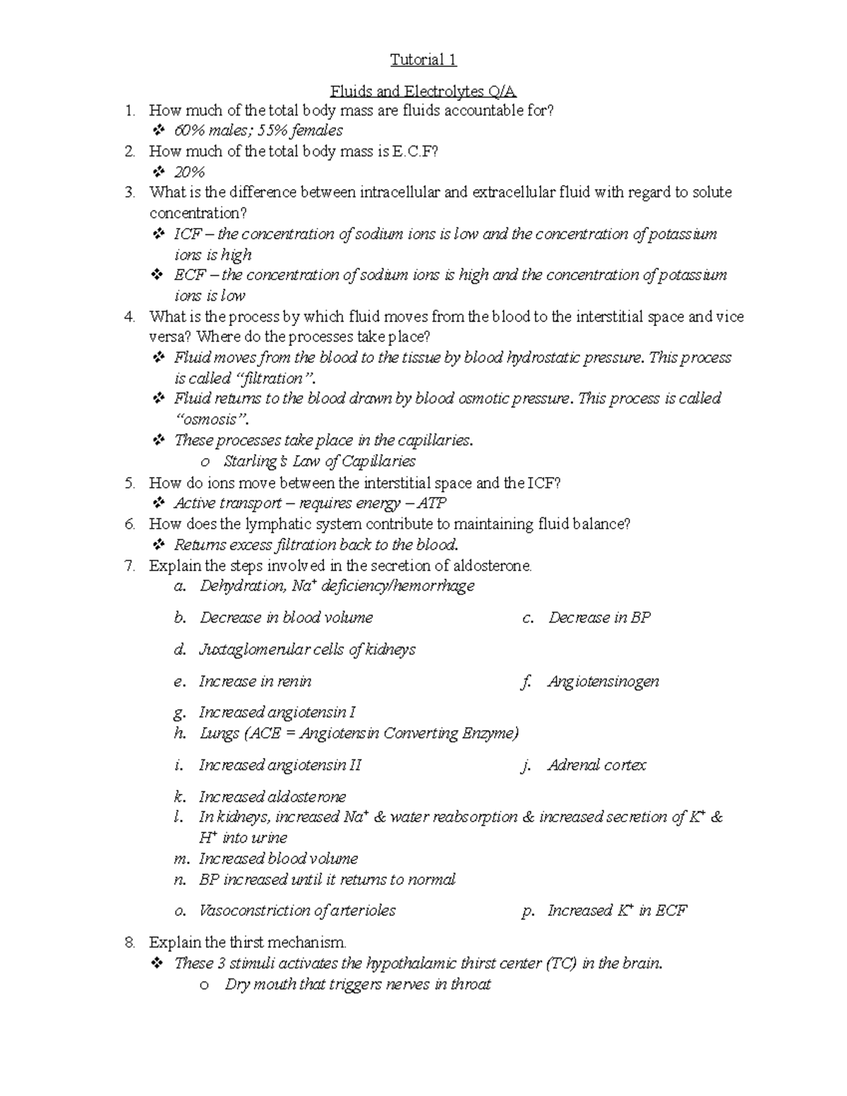 Tutorial 1 - fluids and electrolytes - Tutorial 1 Fluids and ...
