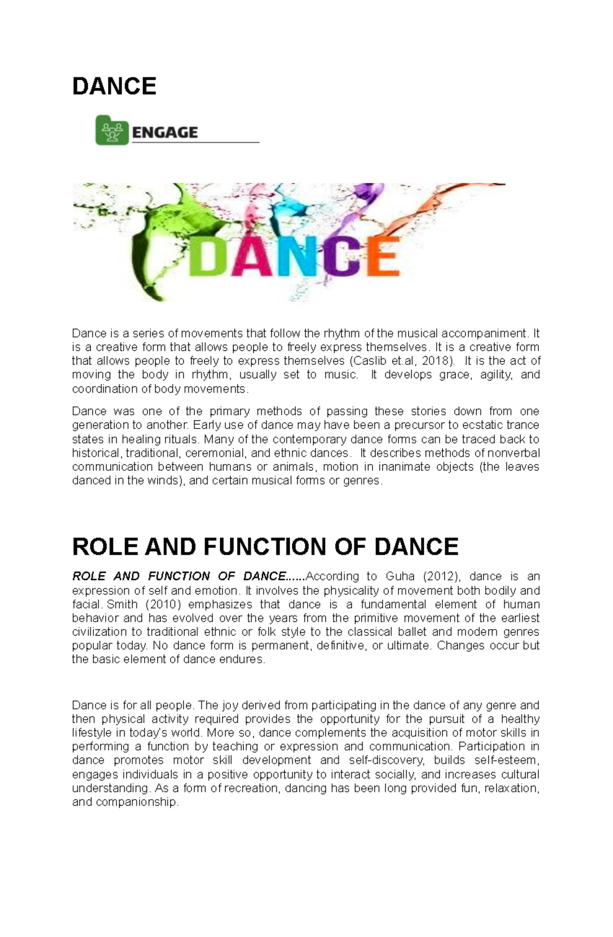 Notes Dance - DANCE Dance is a series of movements that follow the ...