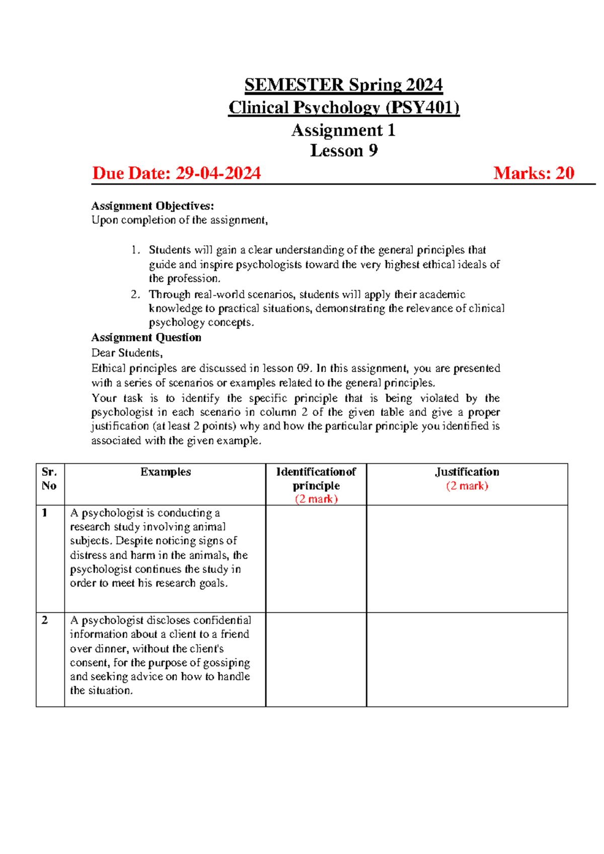 Spring 2024 PSY401 1 - SEMESTER Spring 2024 Clinical Psychology (PSY401) Assignment 1 Lesson 9 ...