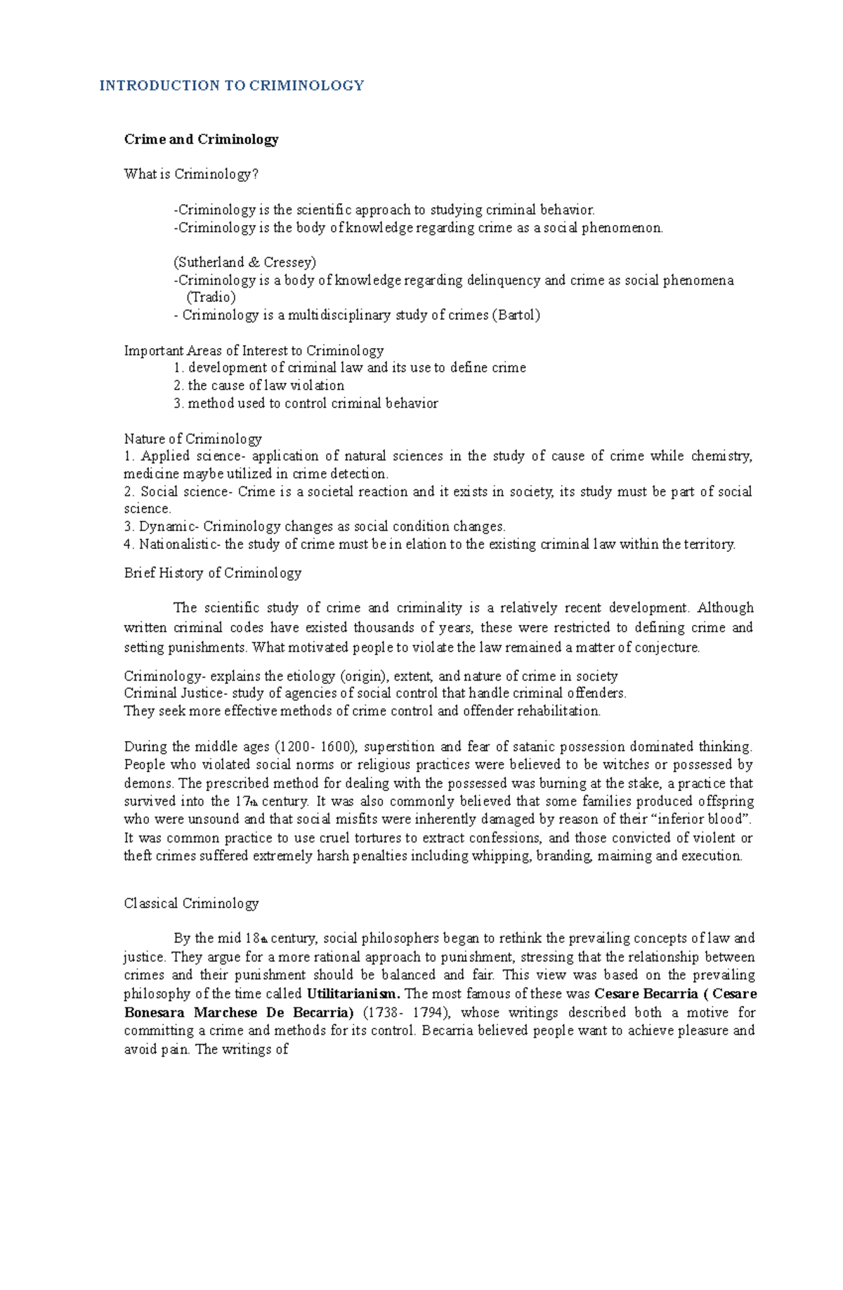 Fundamentals of Criminology - INTRODUCTION TO CRIMINOLOGY Crime and ...