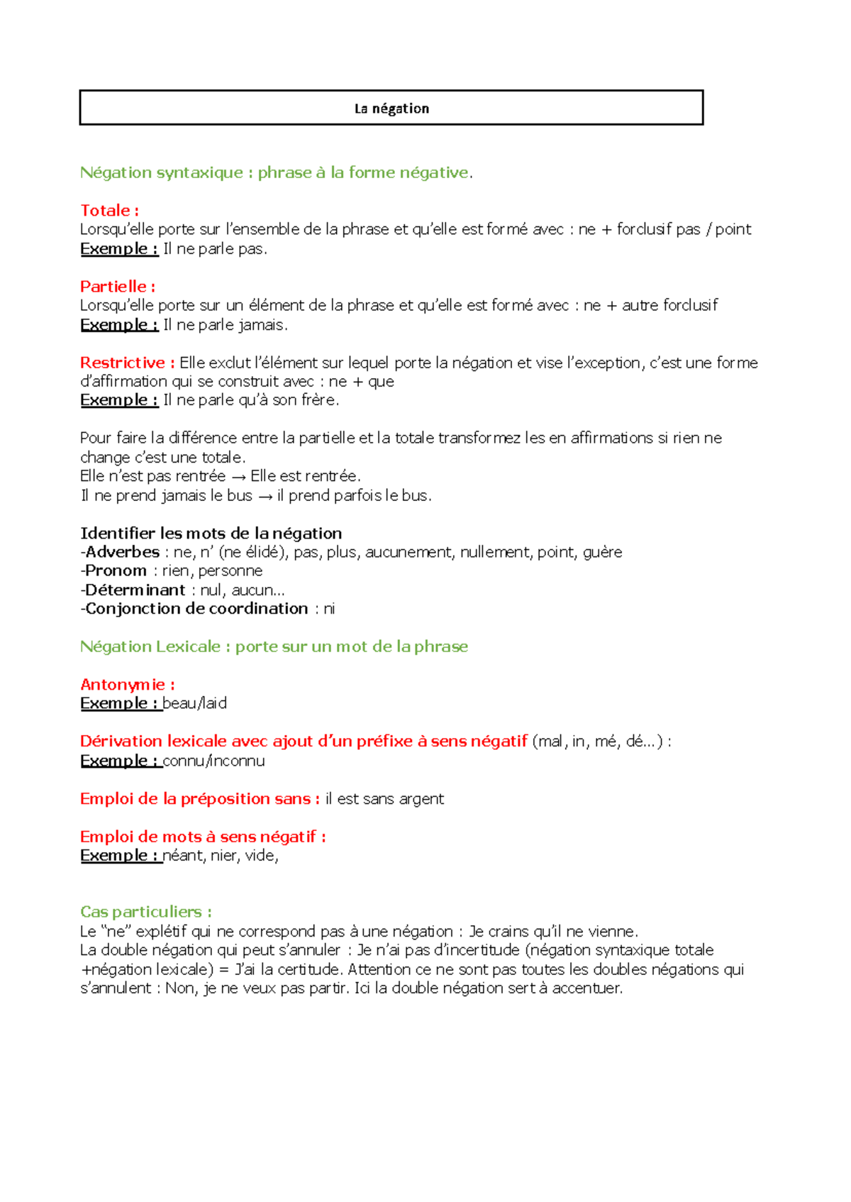 La négation - La négation Négation syntaxique : phrase à la forme ...