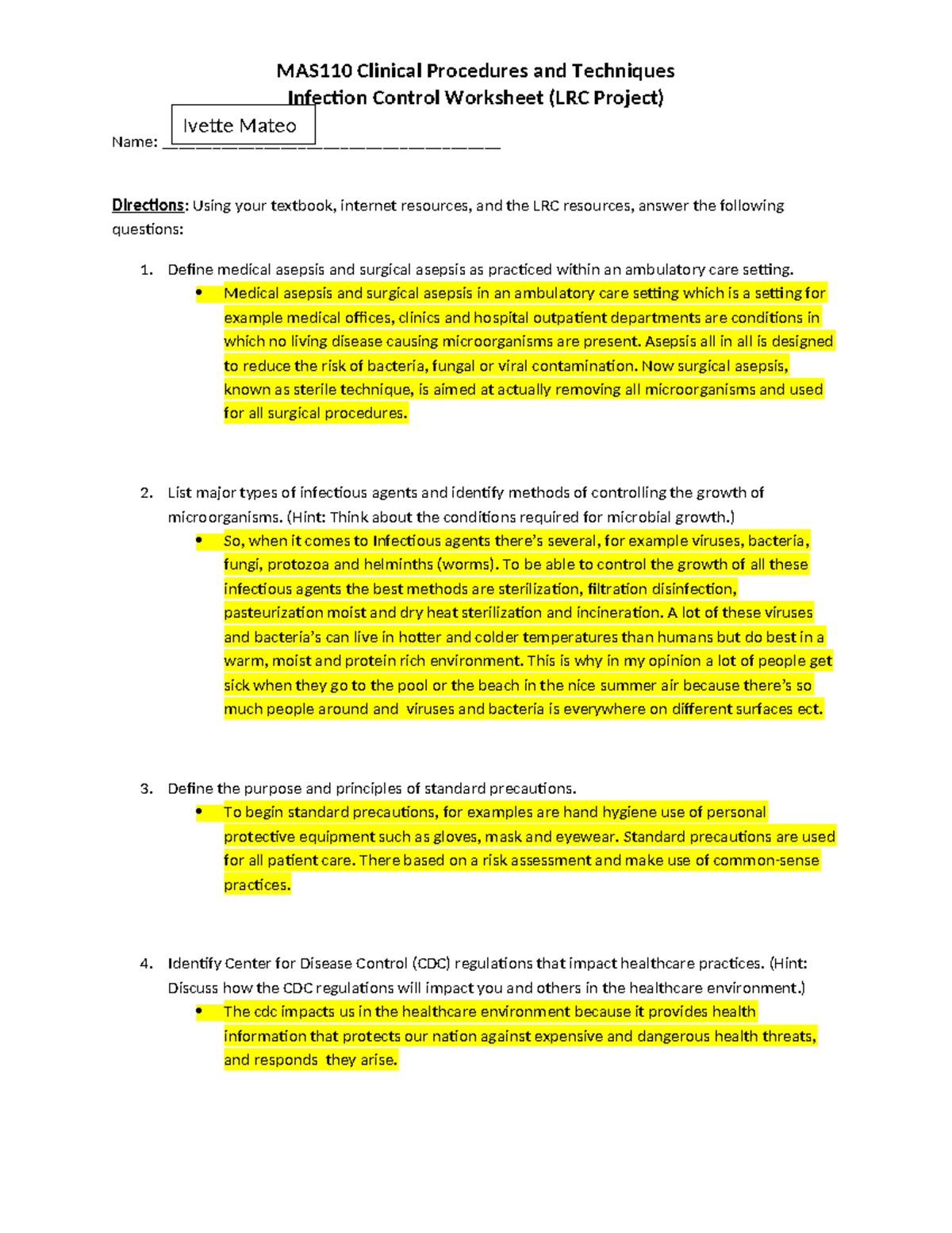 MAS110 Week 1 Infection Control Worksheet - MAS110 Clinical Procedures ...