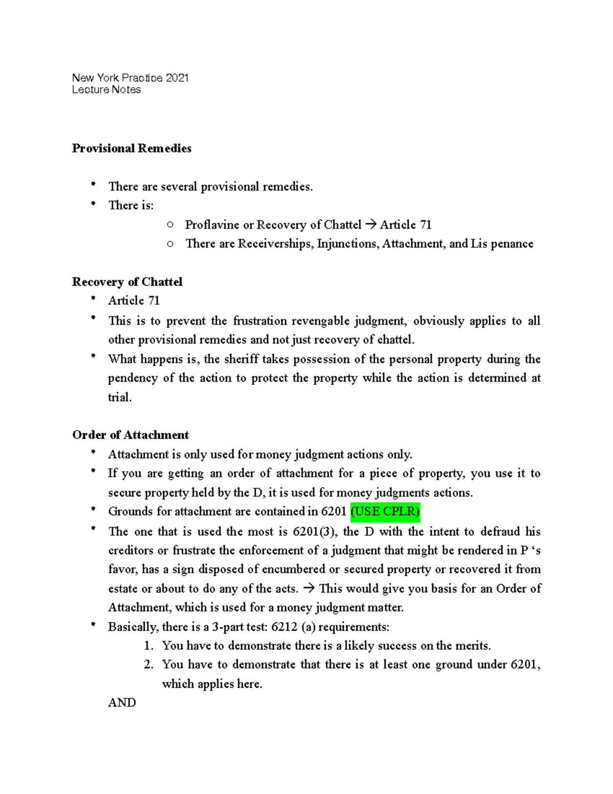 Provisional Remedies - Lecture notes 3 - New York Practice 2021 Lecture ...