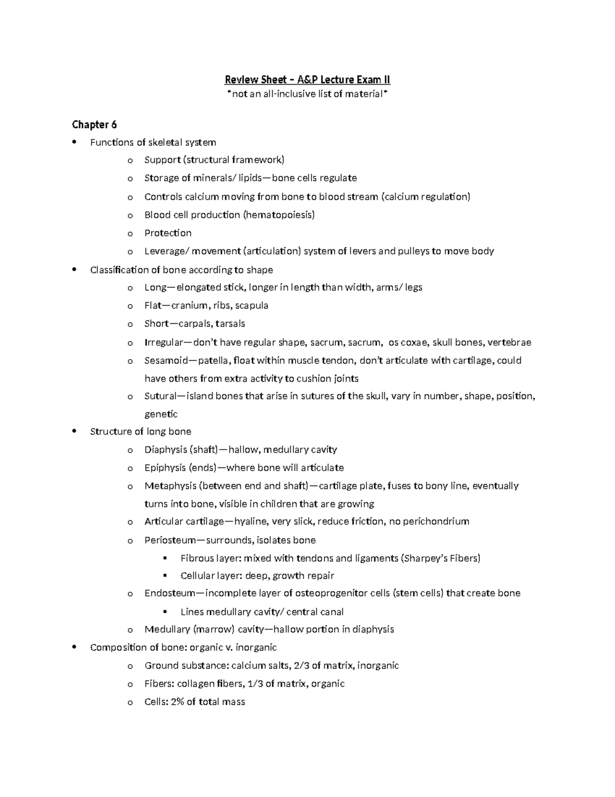 Exam II Review Sheet - Summary Anatomy / Physiology - Review Sheet – A ...