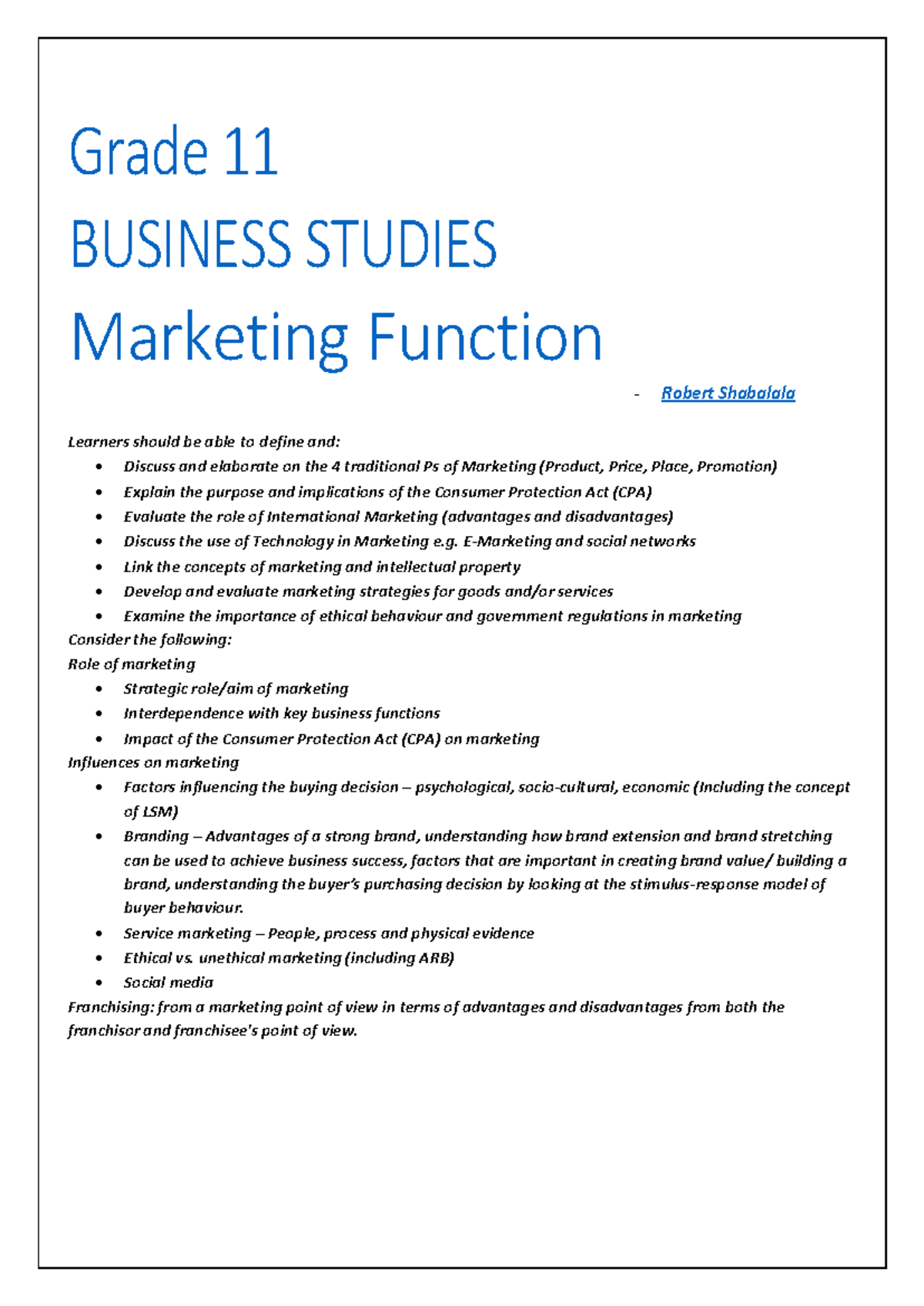 Marketing Function Grade 11+12 - Grade 1 1 BUSINESS STUDIES Marketing ...