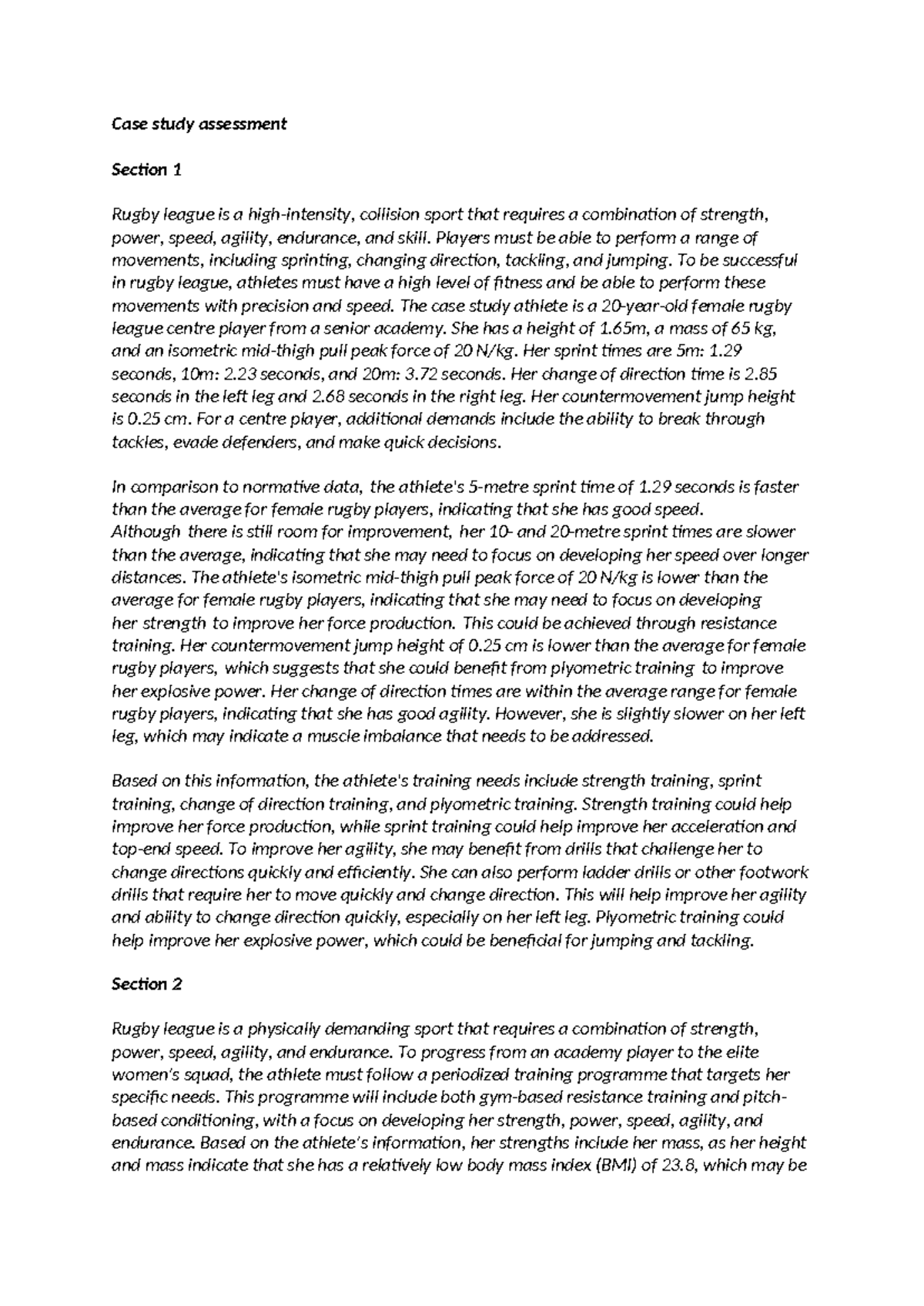 S&C case study 1 - Case study assessment Section 1 Rugby league is a ...