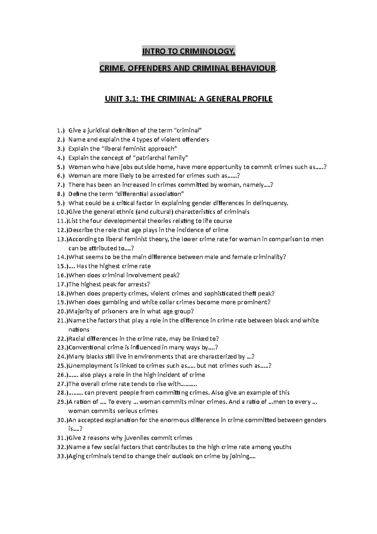 UNIT 3.1 (Z Questions) - INTRO TO CRIMINOLOGY. CRIME, OFFENDERS AND ...