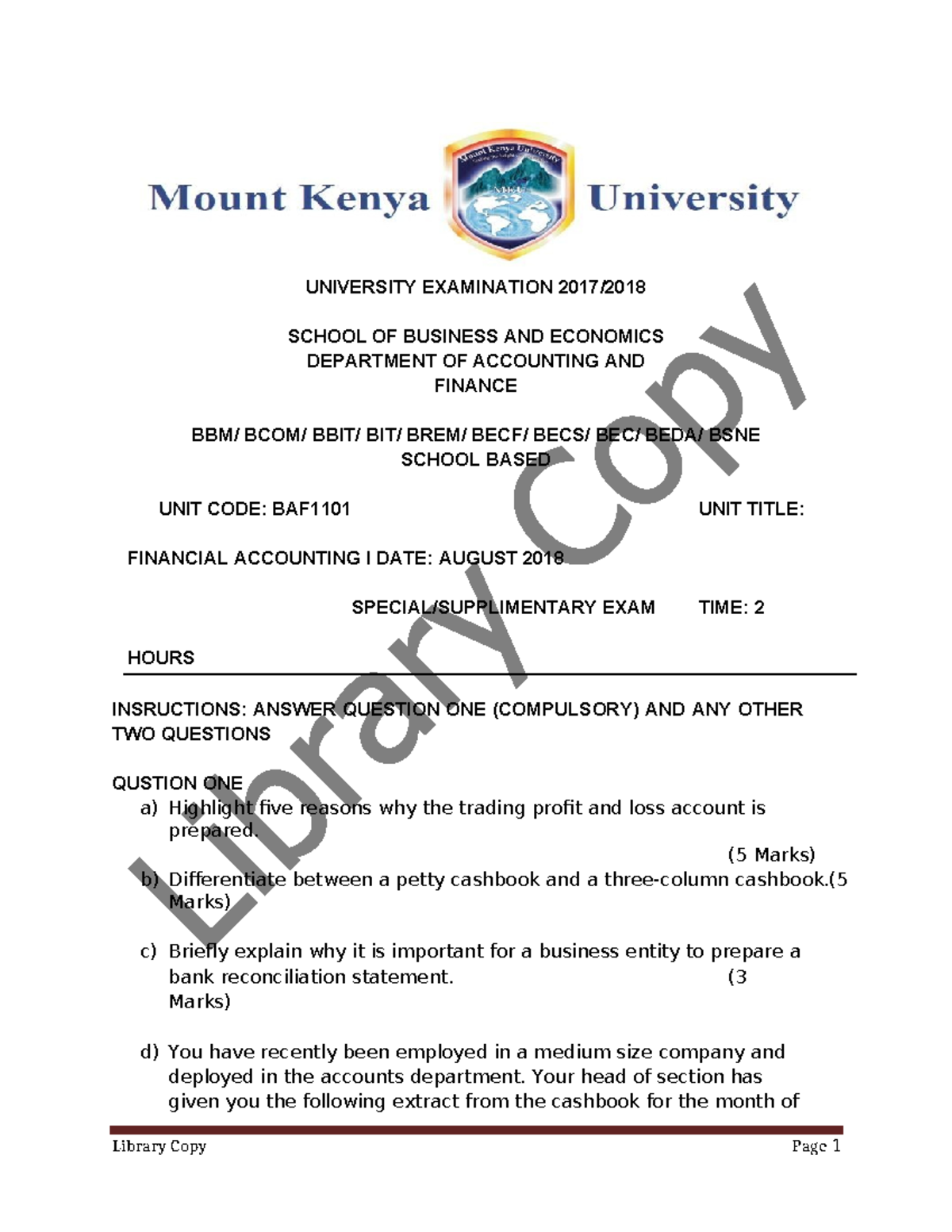 BAF1101 Financial Accounting I SB SPP - UNIVERSITY EXAMINATION 2017 ...