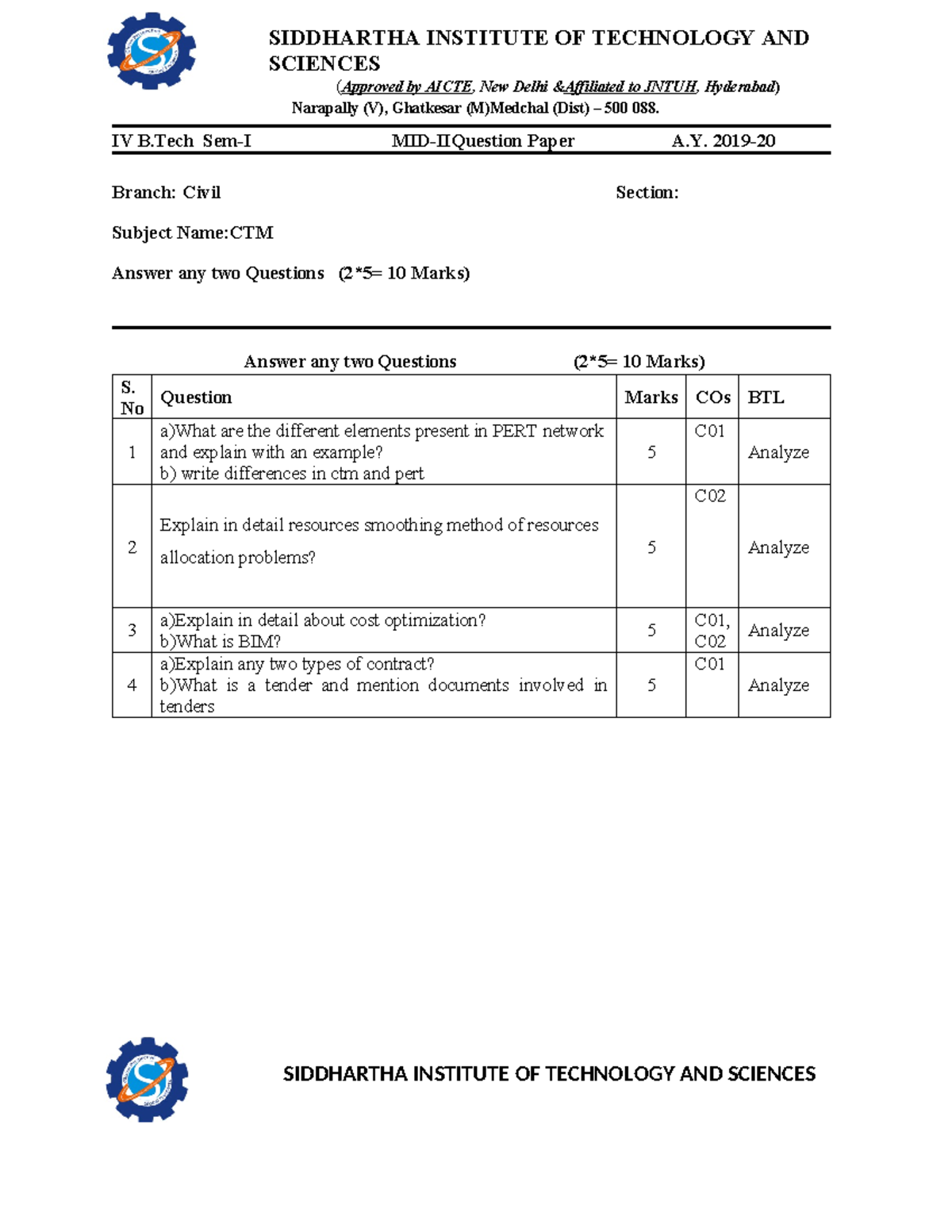 CTM MID 2 Question Paper - SIDDHARTHA INSTITUTE OF TECHNOLOGY AND ...