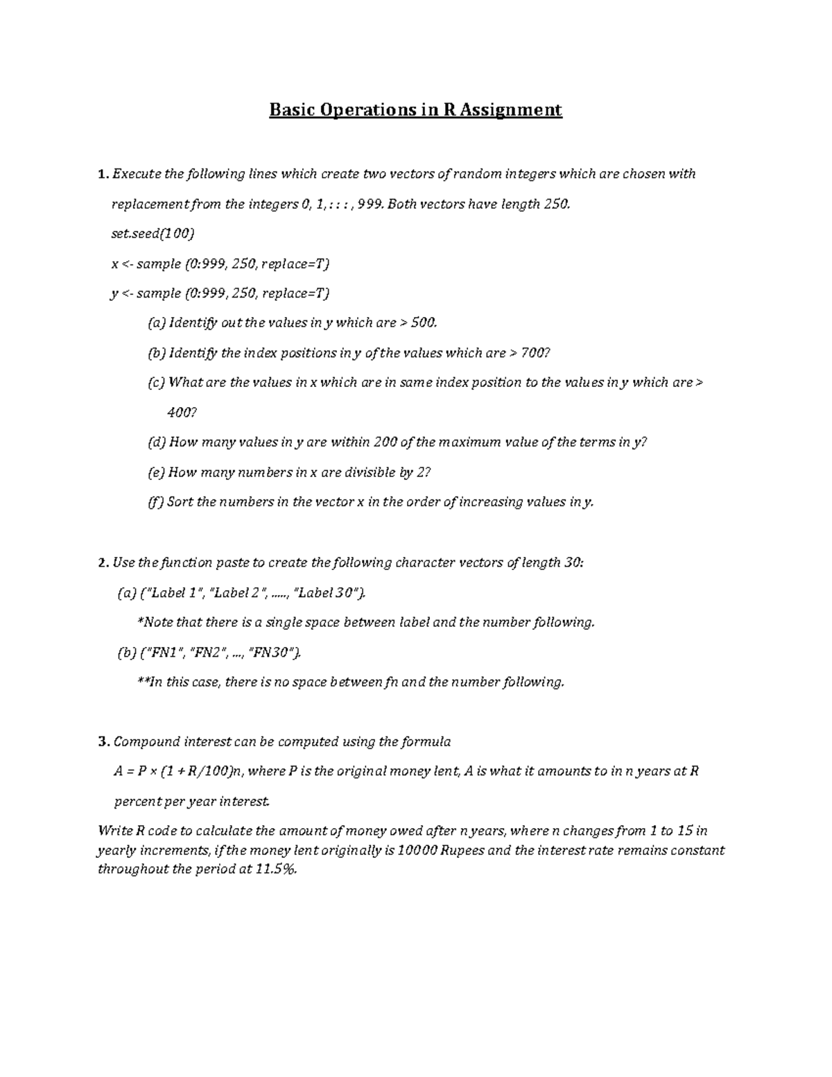 Basic Operations Assignment - Basic Operations in R Assignment 1 ...