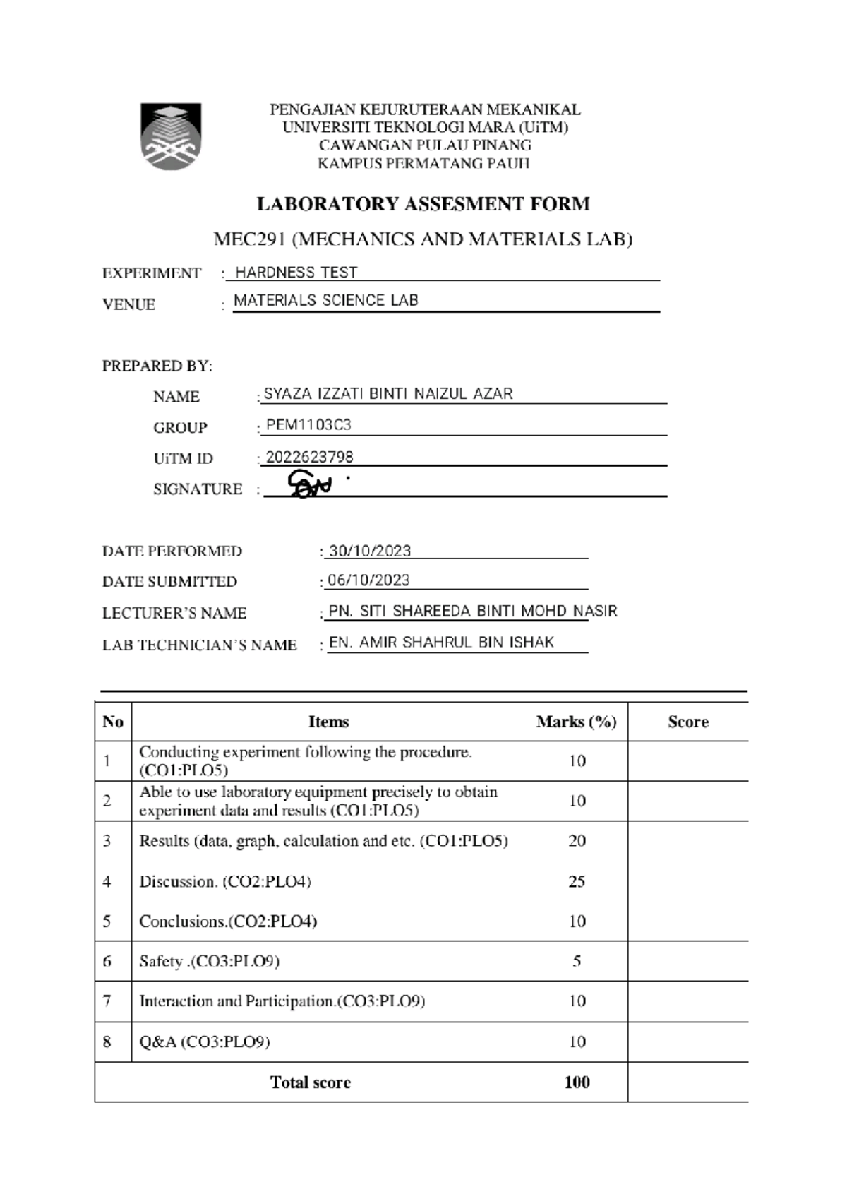 3. (2023)cover page mec291.etac (1) - laboratory - Studocu