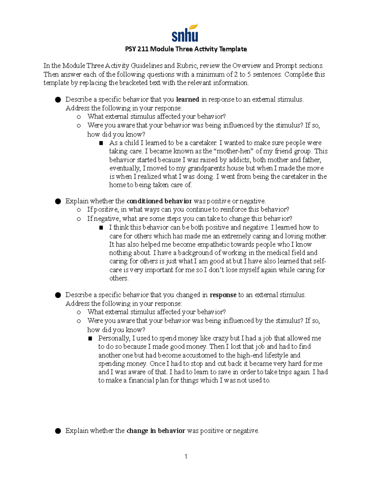 PSY 211 Module Three Activity Template - Then answer each of the ...