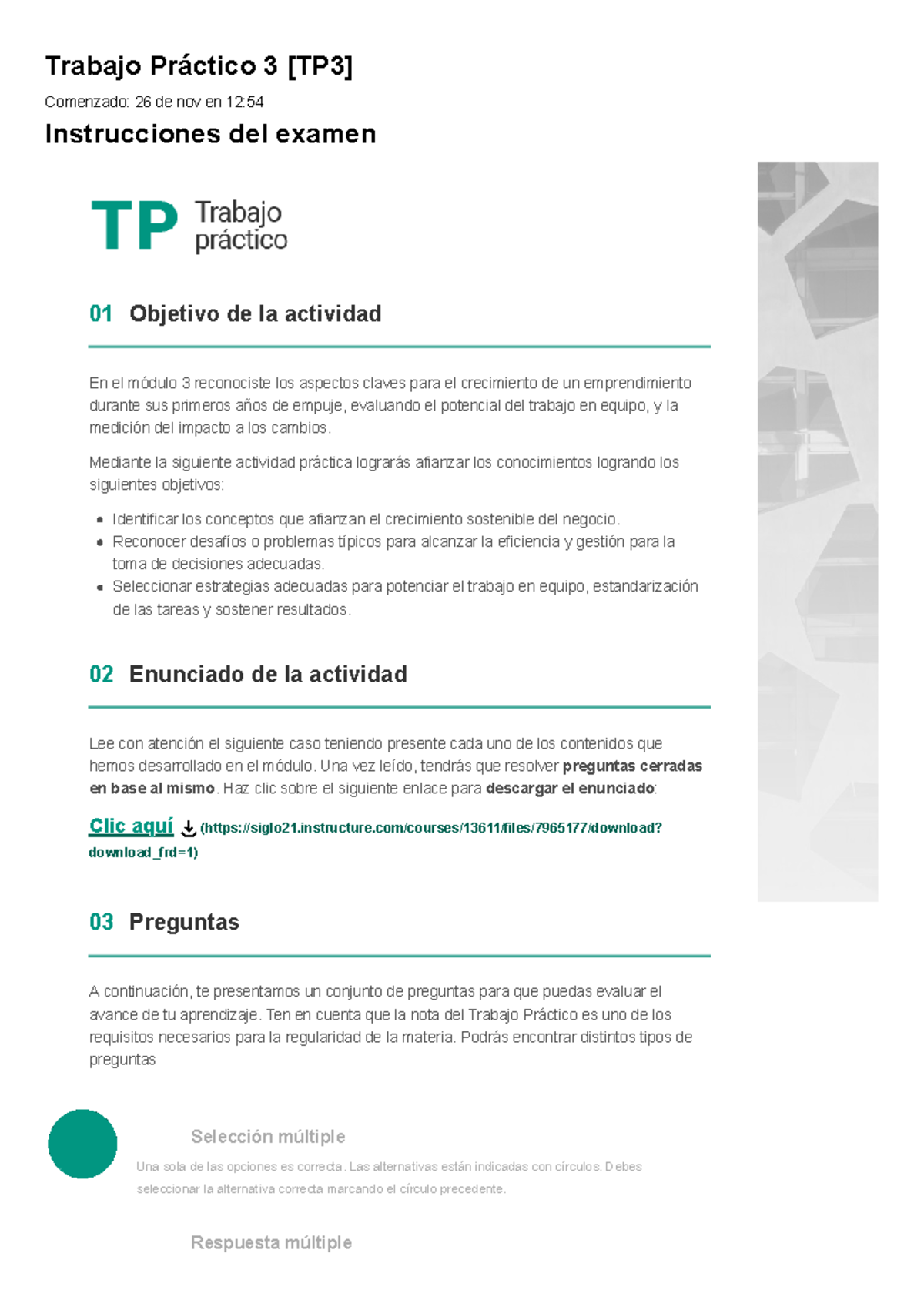 Desarrollo Emprendedor Examen Trabajo Práctico 3 TP3 98,75% - Trabajo Práctico 3 [TP3] Comenzado ...