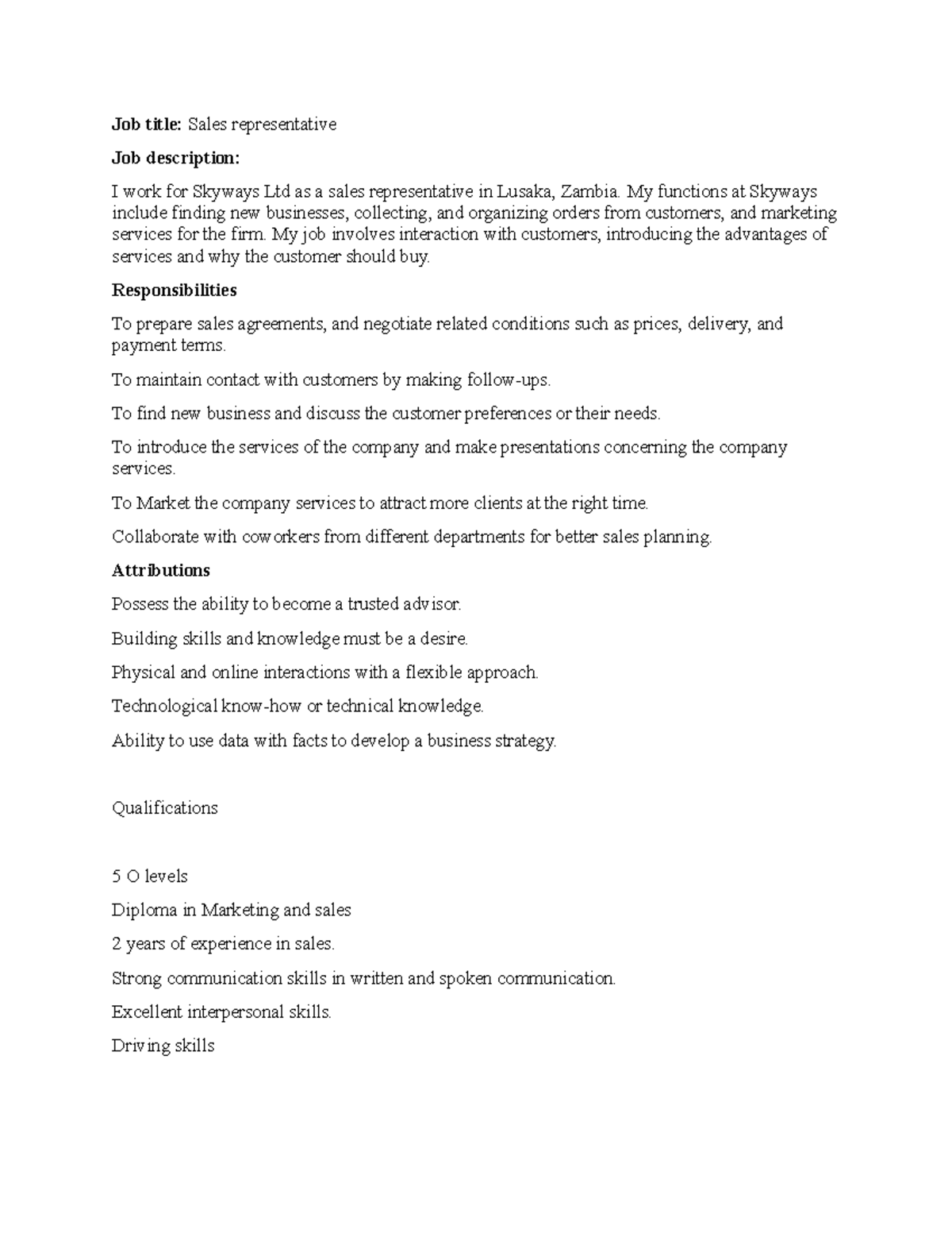 Entrepreneurship 2 Discussion 5 - Job title: Sales representative Job ...