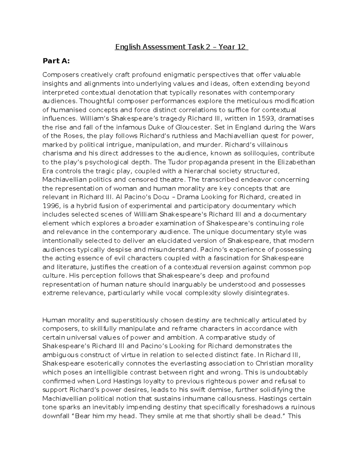 English Assessment Task 2 - Year 12 - English Assessment Task 2 – Year ...