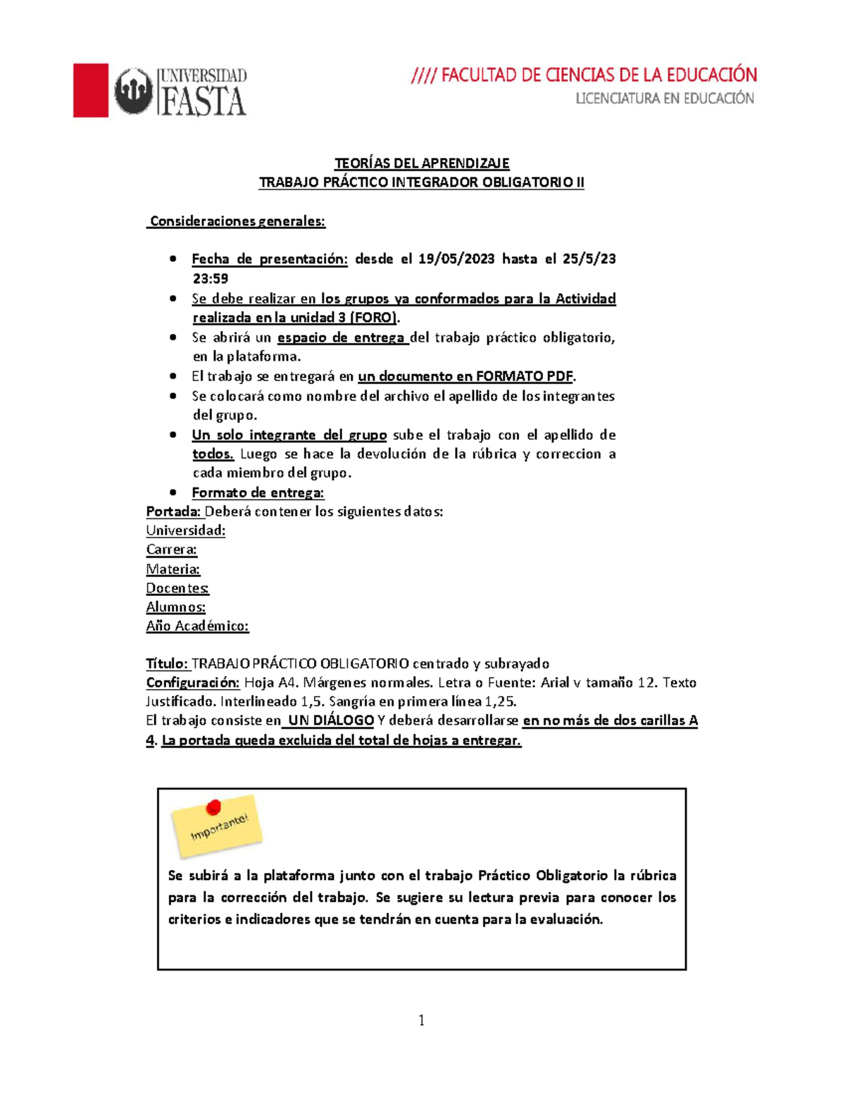 TRAB Final Integrador Oblig 1 2023 - TEORÍAS DEL APRENDIZAJE TRABAJO PRÁCTICO INTEGRADOR ...