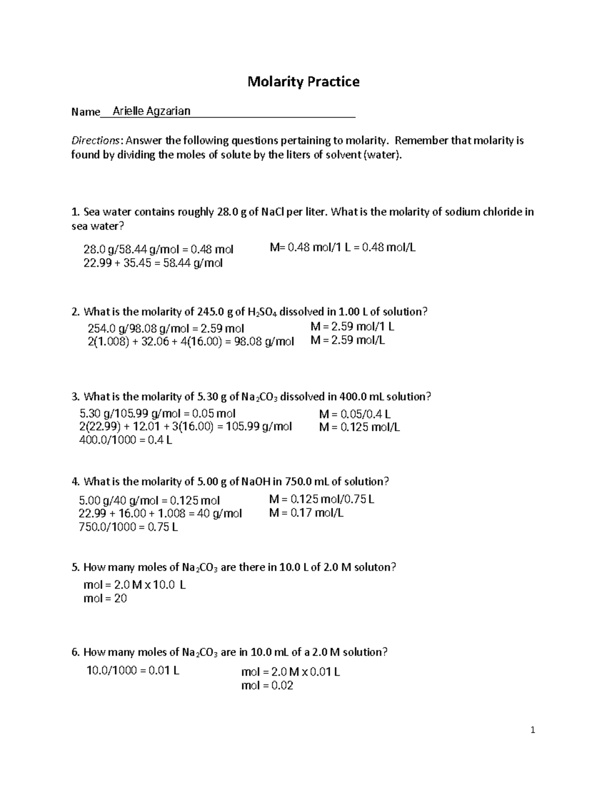 Molarity Practice - molar unit - 1 Molarity Practice Name