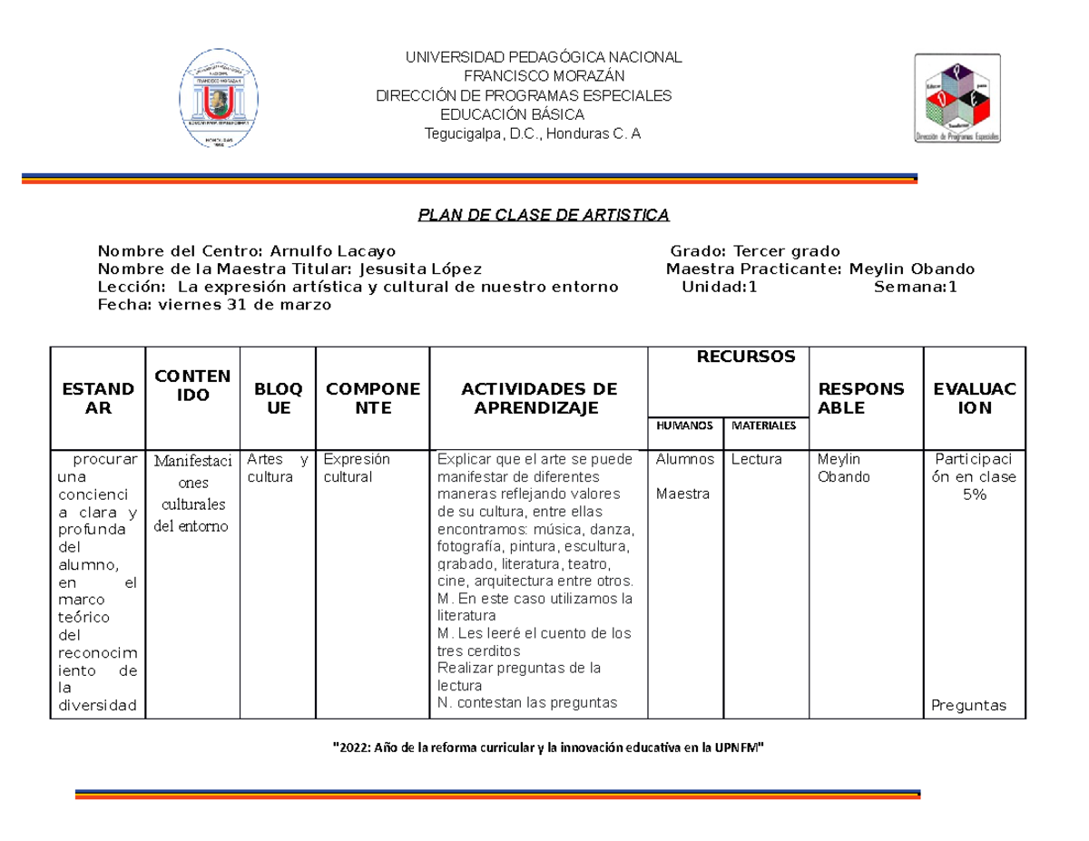 Plan de Clase artistica tercer grado 2023 - FRANCISCO MORAZÁN DIRECCIÓN DE PROGRAMAS ESPECIALES ...