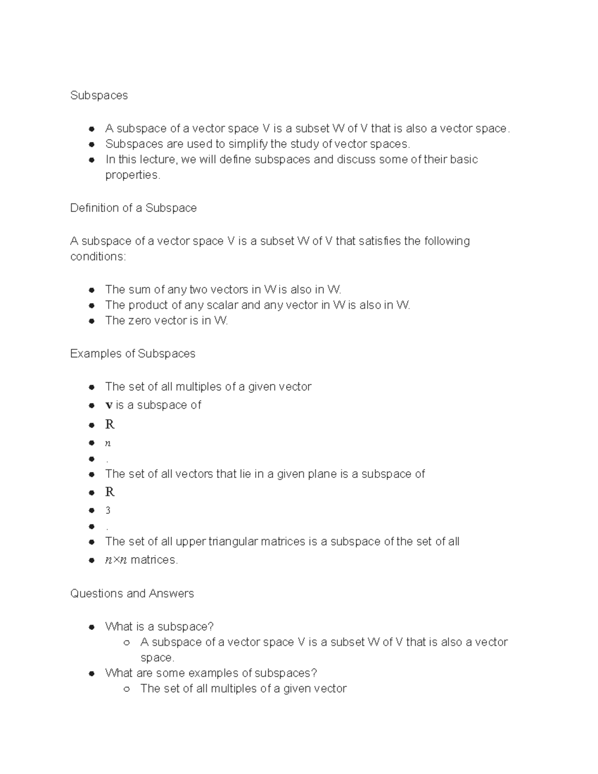 Lecture Note For Math 225 Lecture 3 Subspaces A Subspace Of A Vector Space V Is A Subset W Of