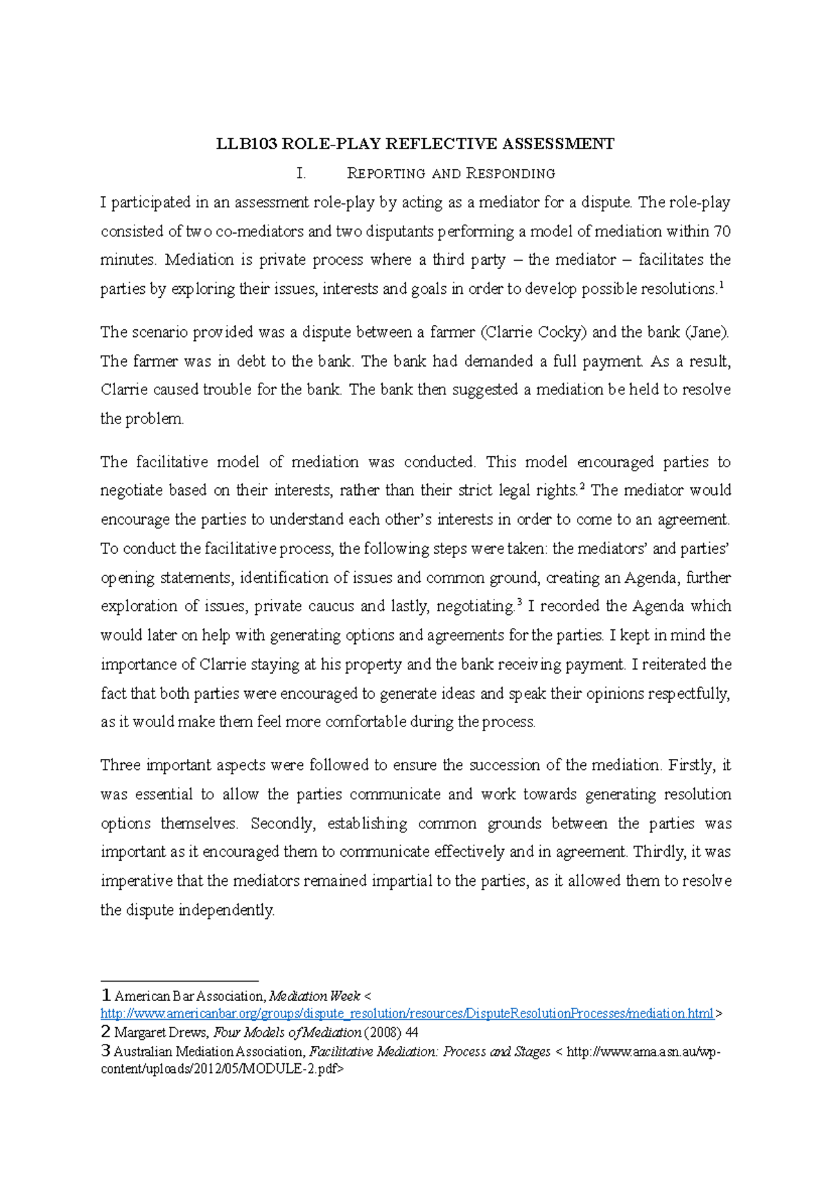 LLB103 Reflection - LLB103 ROLE-PLAY REFLECTIVE ASSESSMENT I. REPORTING ...