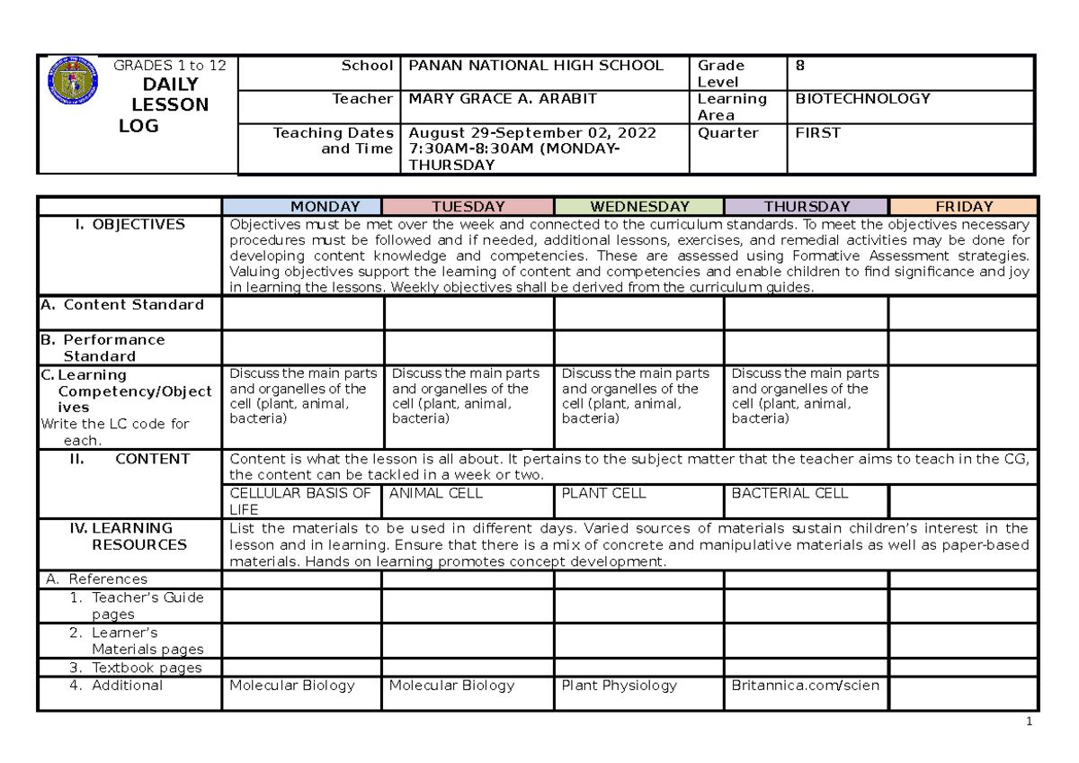 DLL Biotech Q1W1 - None - GRADES 1 to 12 DAILY LESSON LOG School PANAN ...