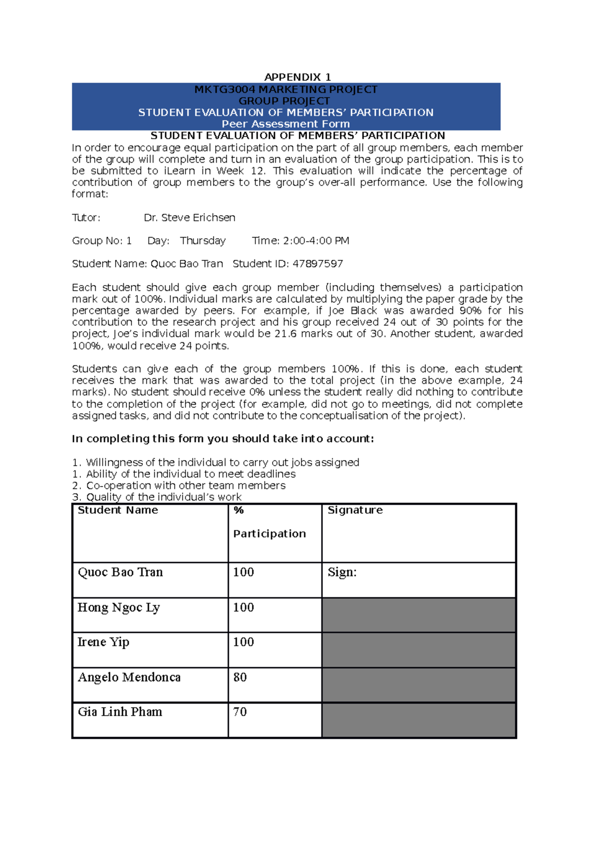 Peer Assessment Form This Peer Evaluation Is Needed For The Final