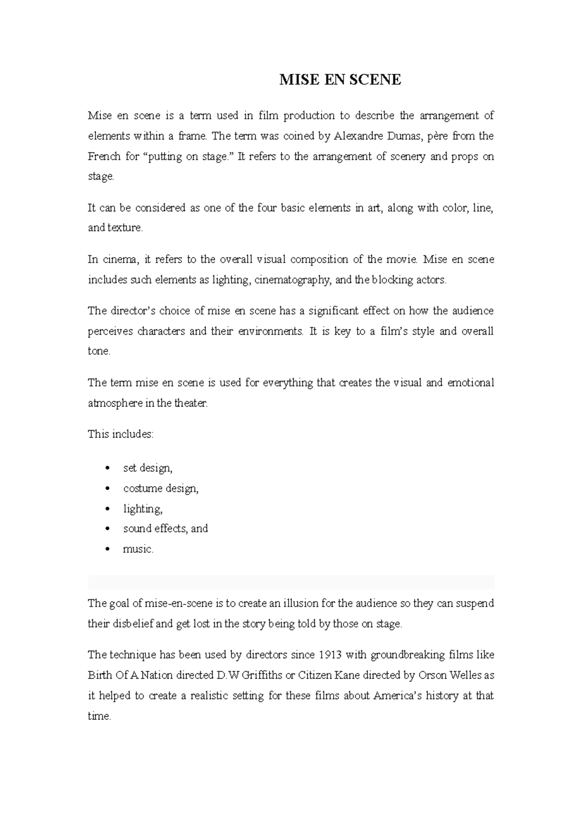 Film Studies - MISE EN SCENE Mise en scene is a term used in film ...