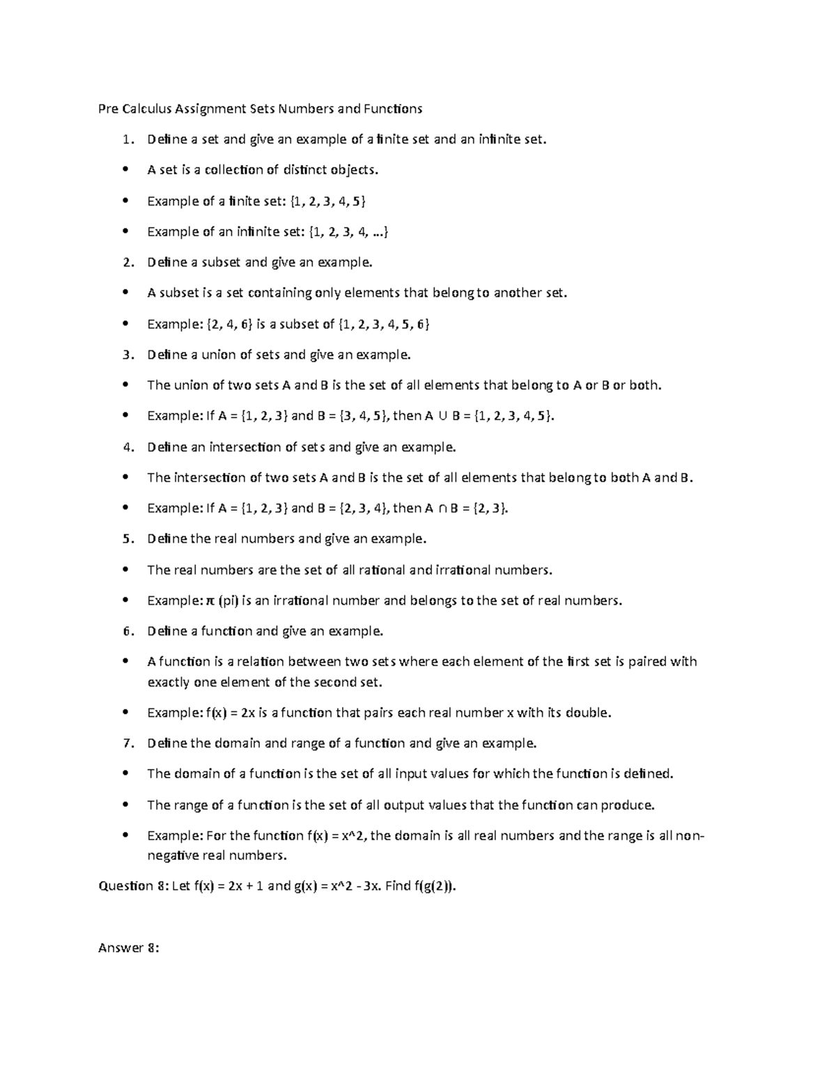 Pre Calculus Assignment Sets Numbers and Functions - Define a set and ...