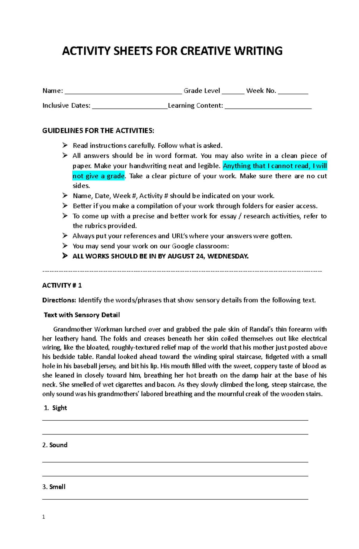 Activity Sheets FOR Creative Writing (week 1) - ACTIVITY SHEETS FOR ...