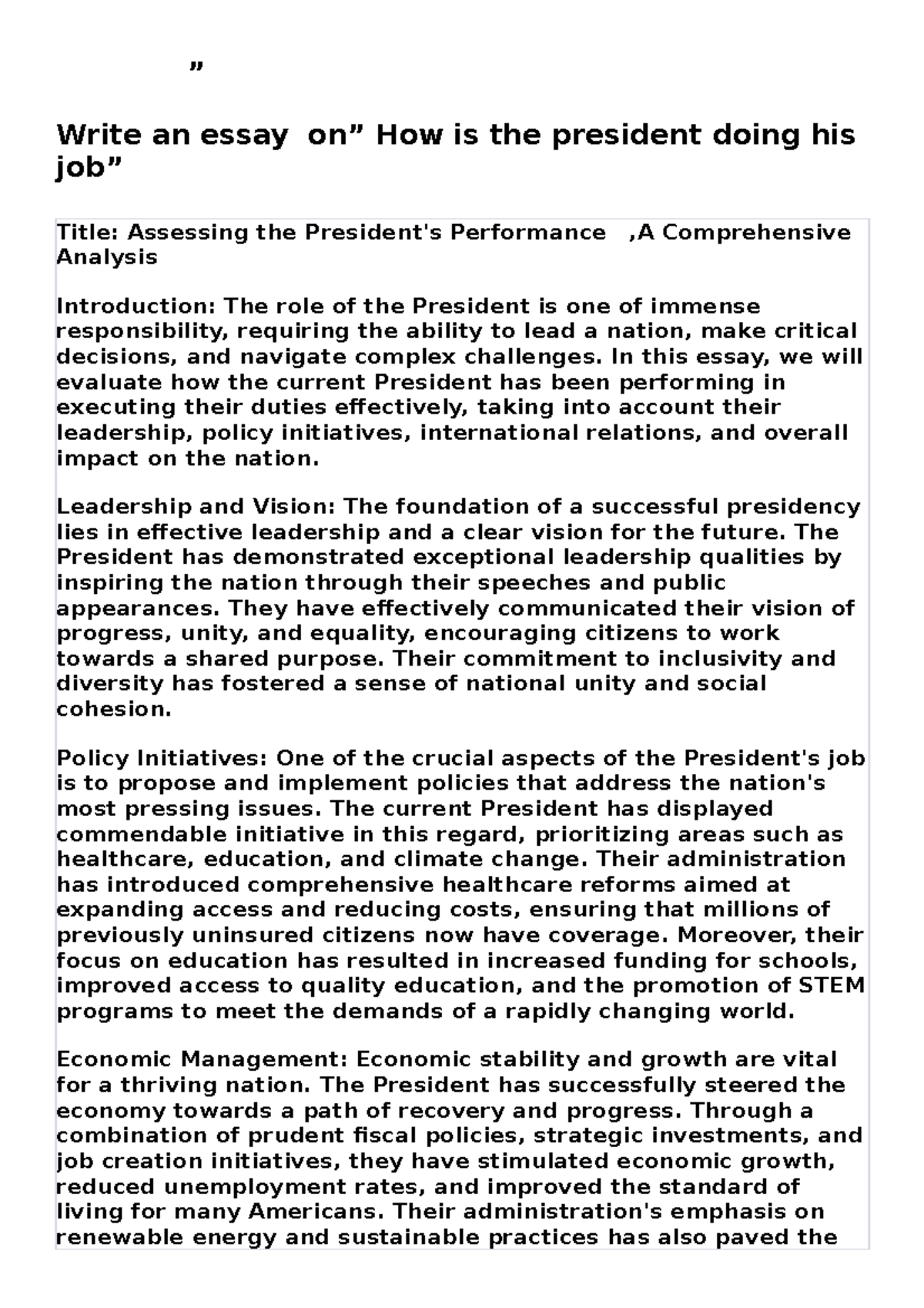 Assessing the President's Performance ,A Comprehensive Analysis ...