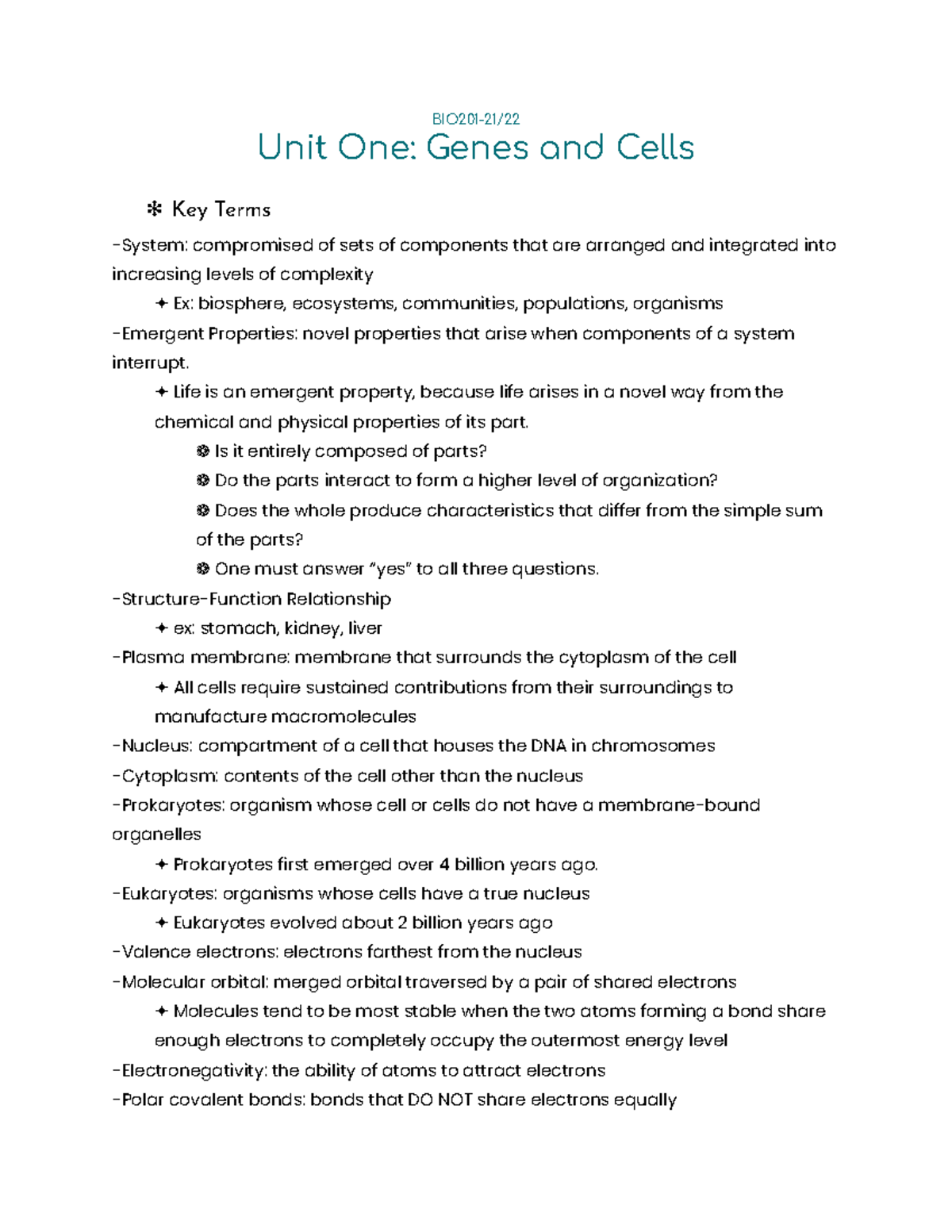 Unit One Notes - BIO201 - TCNJ - Studocu