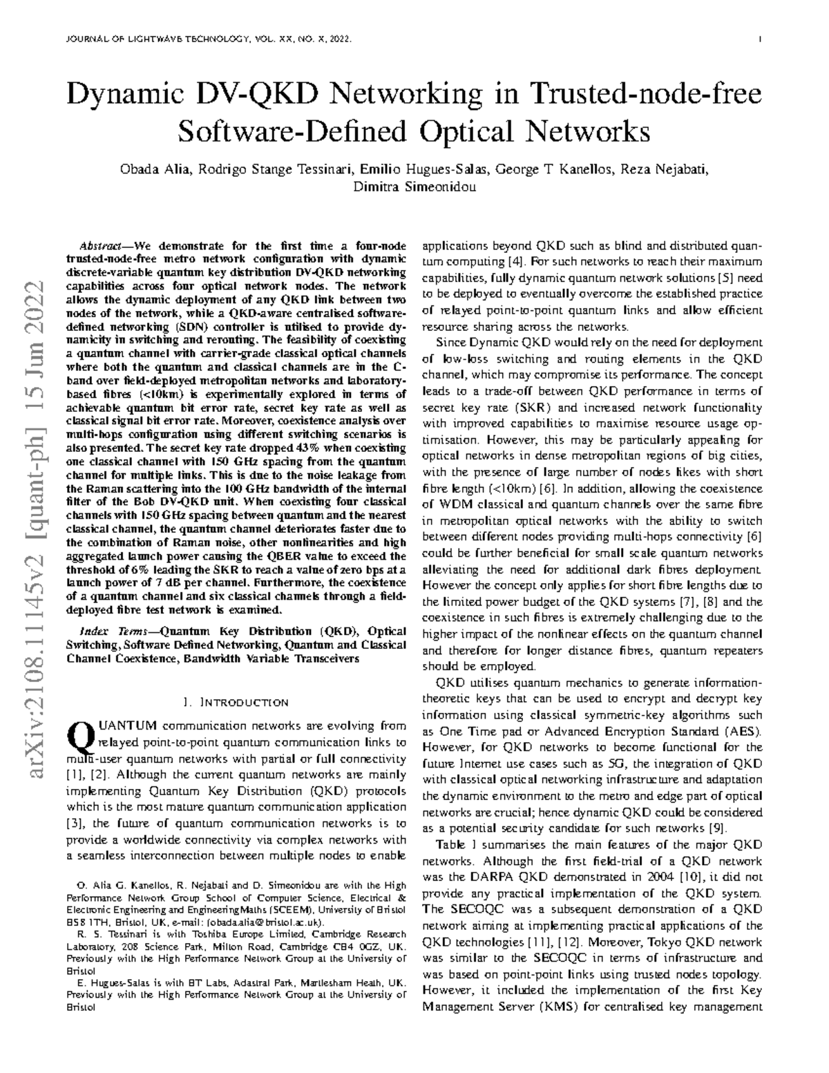 2108 - Dynamic DV-QKD Networking in Trusted-node-free Software-Defined Optical Networks Obada ...