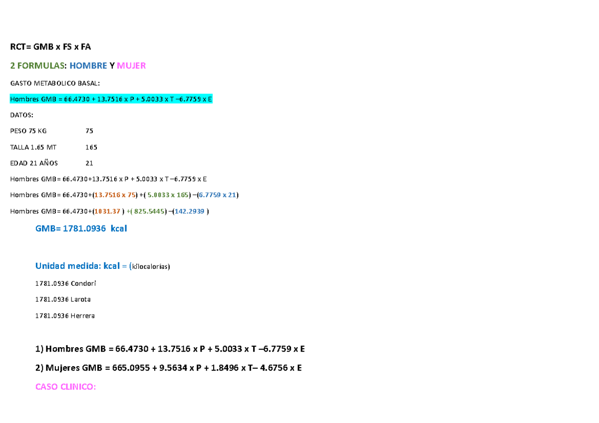 Ejercicios nutricion - RCT= GMB x FS x FA 2 FORMULAS: HOMBRE Y MUJER ...