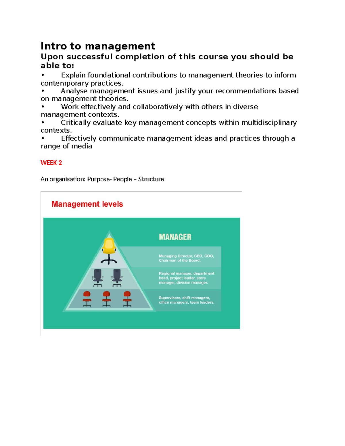Intro to management - Intro to management Upon successful completion of ...
