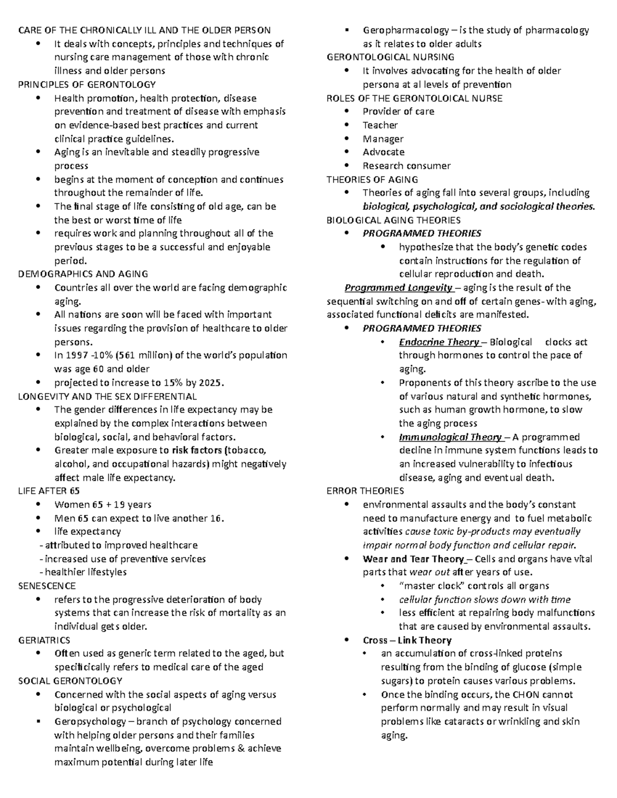 Care of the Chronically Ill and the Older Person notes - CARE OF THE ...